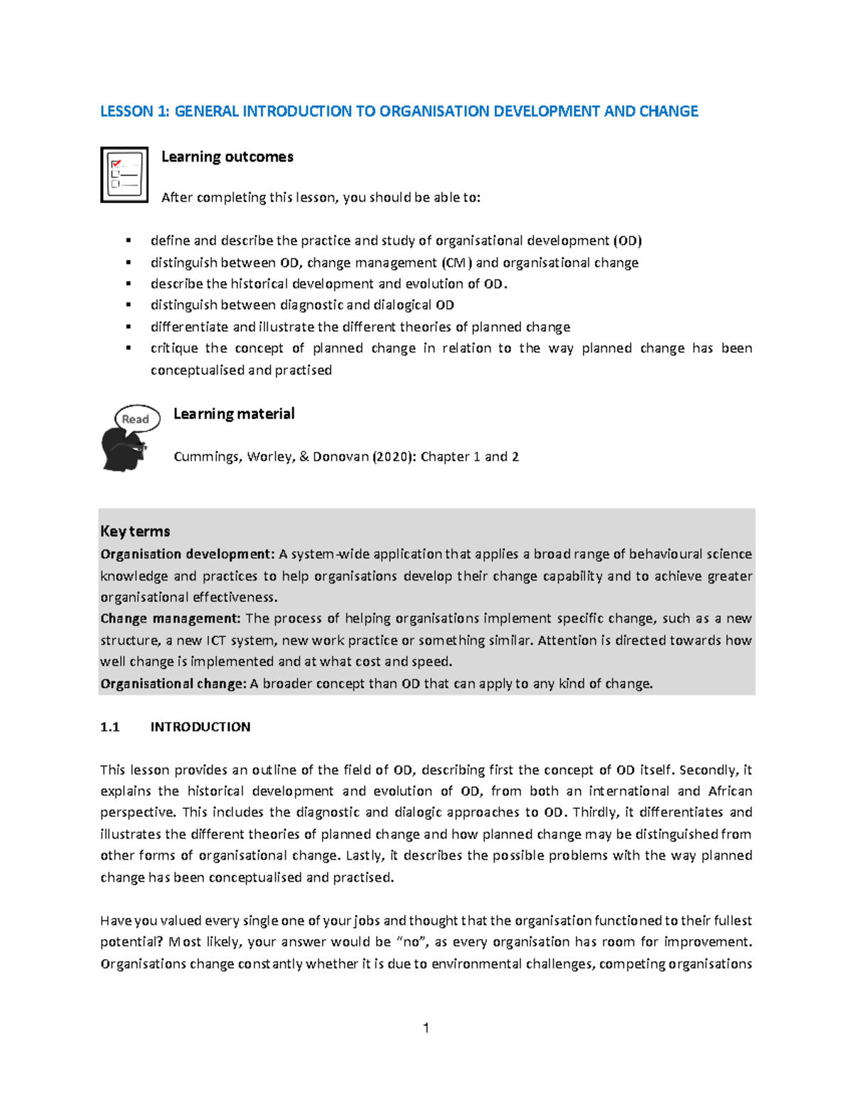 IOP3705 Lesson 1 General introduction to OD and change - LESSON 1 ...