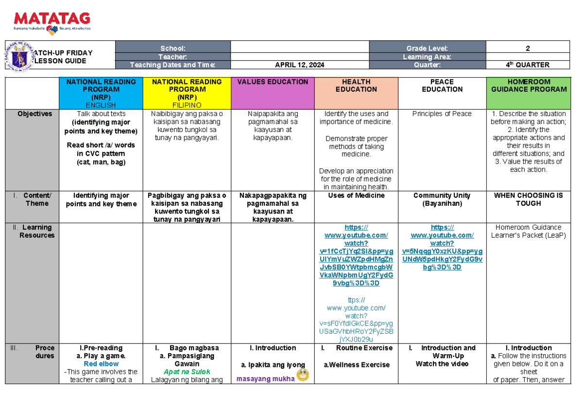 Grade 2 Catch UP April 12,2024 - CATCH-UP FRIDAY LESSON GUIDE School ...