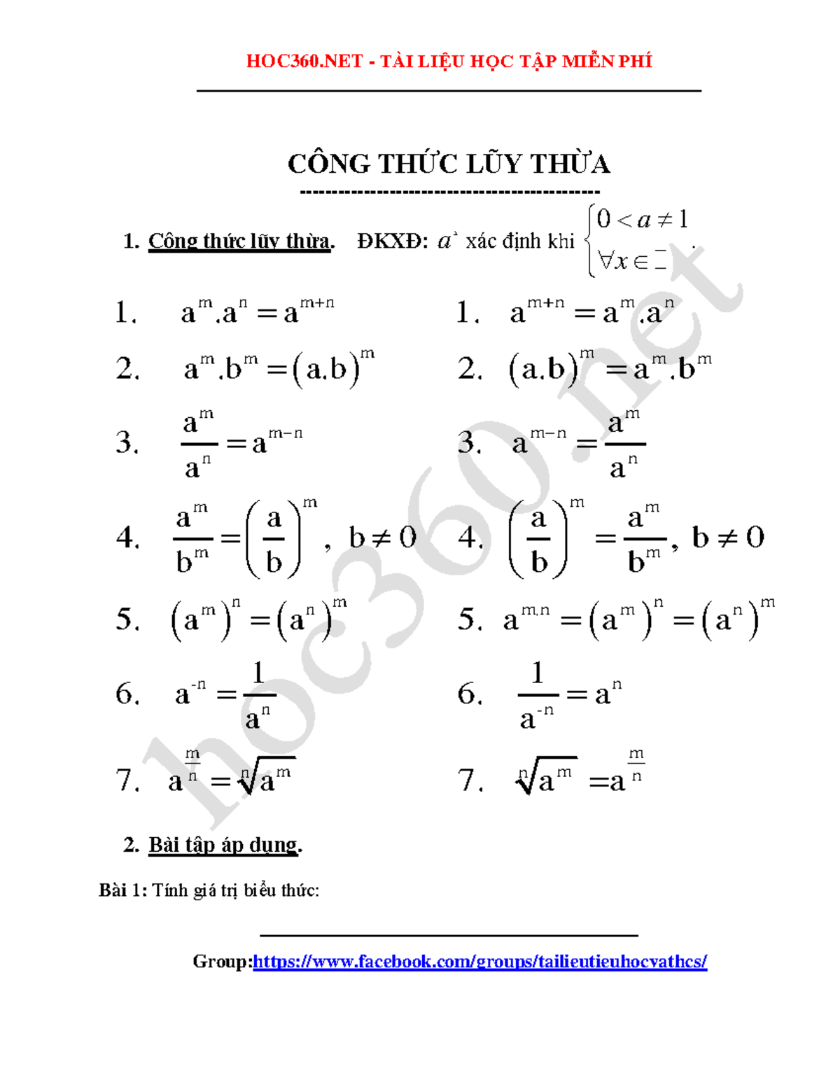 1 hoc360.net cong thuc luy thua Toan 12lop 12 - CÔNG THỨC LŨY THỪA - 1. Công thức lũy thừa. ĐKXĐ ...
