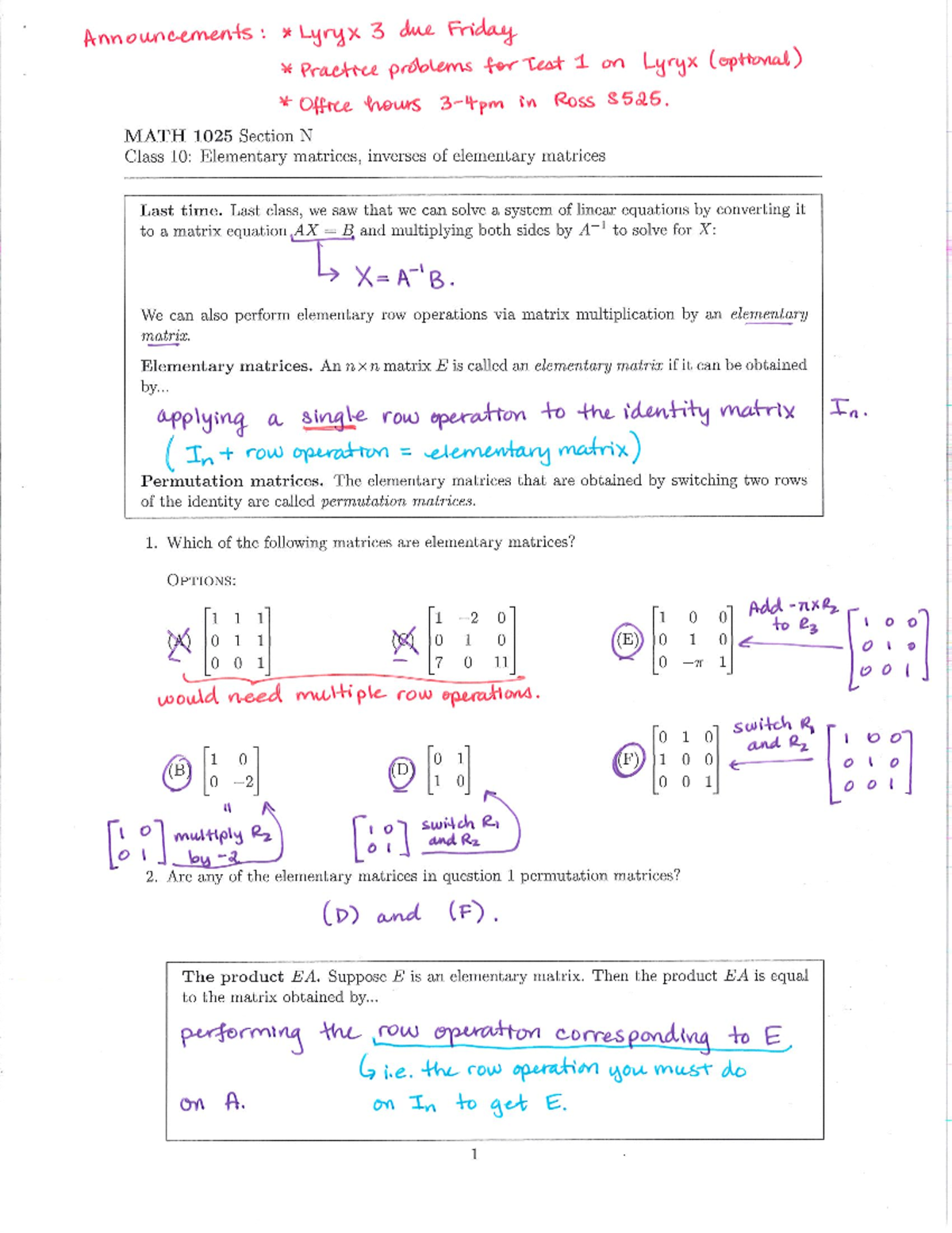 Class 10 Solutions - INCLUDES NOTES ON THE TOPIC :- ELEMENTARY MATRICES ...