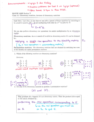 Class 11 Notes - MATH 1025 Section n Class 11: Elementary matrices ...