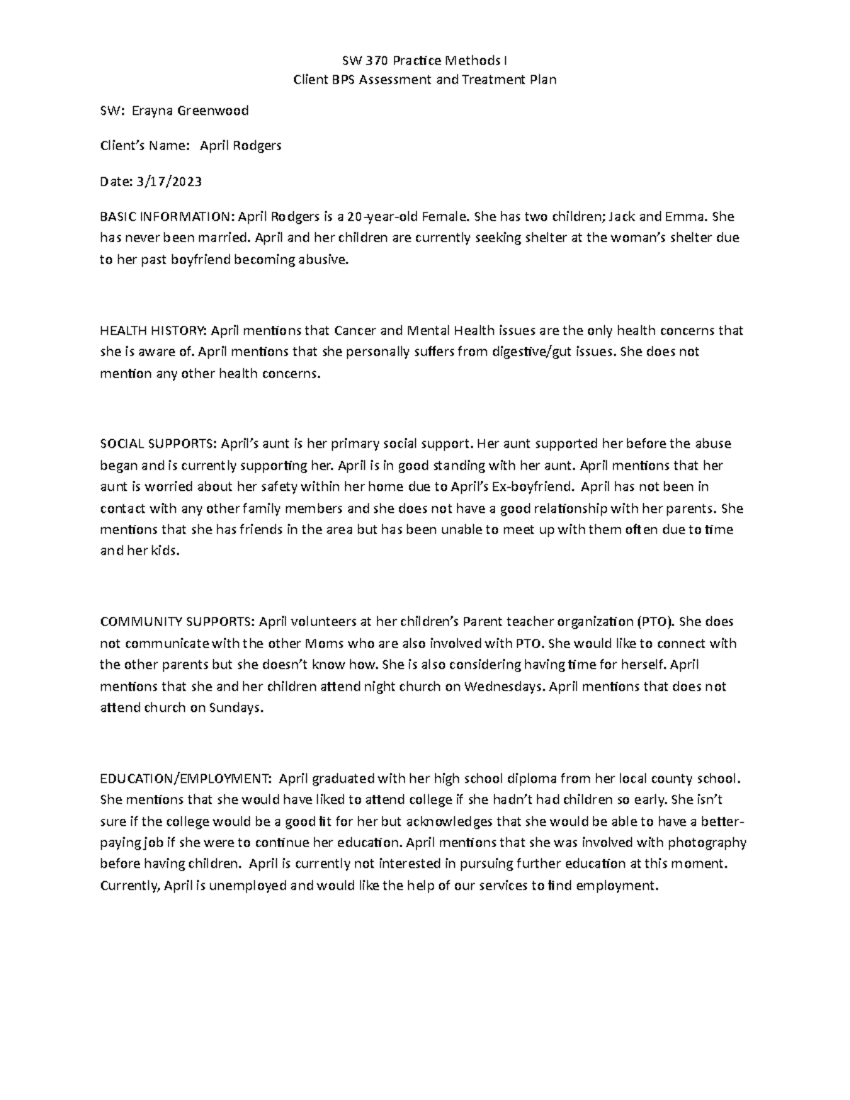 EG BPS Assessment and Treatment Plan 23 - SW 370 Practice Methods I ...