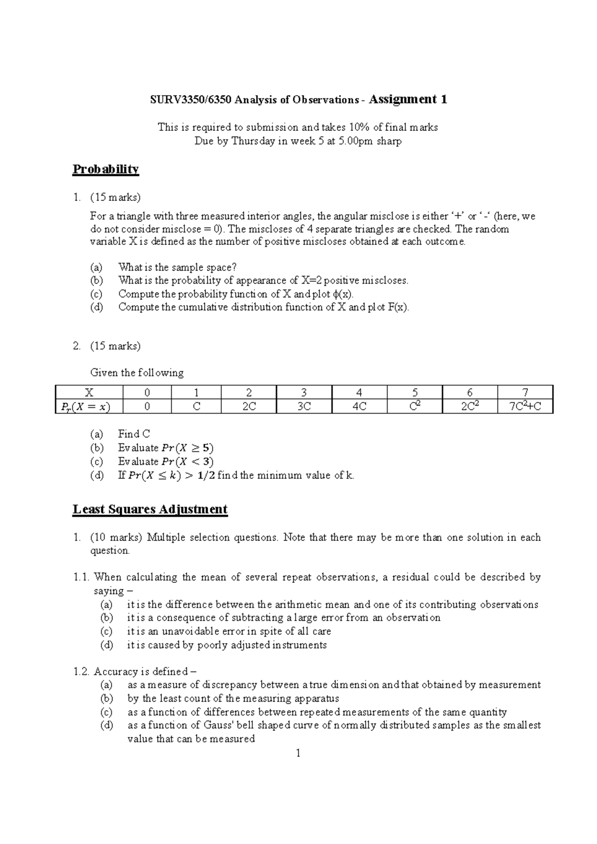 SURV3350 Assignment 1 2023 - 1 SURV3350/6350 Analysis of Observations - Assignment 1 This is ...