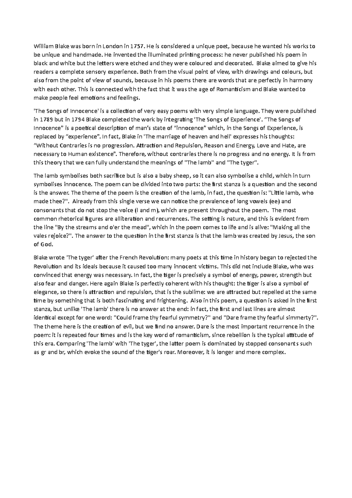 William Blake 4a - He is considered a unique poet, because he wanted ...