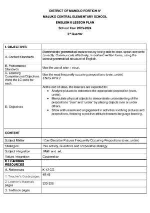 Grade 1 Lesson PLAN - LESSON PLAN in English 1 Name of Teacher: Louise ...