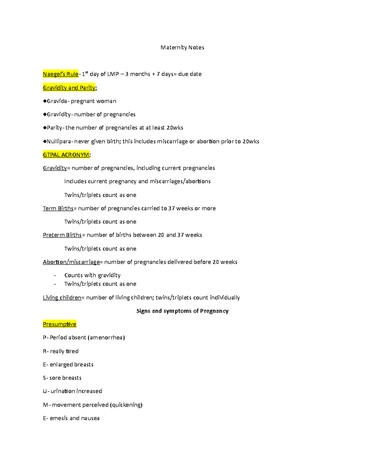 Maternity Notes - Maternity Notes Naegel’s Rule- 1st day of LMP – 3 ...