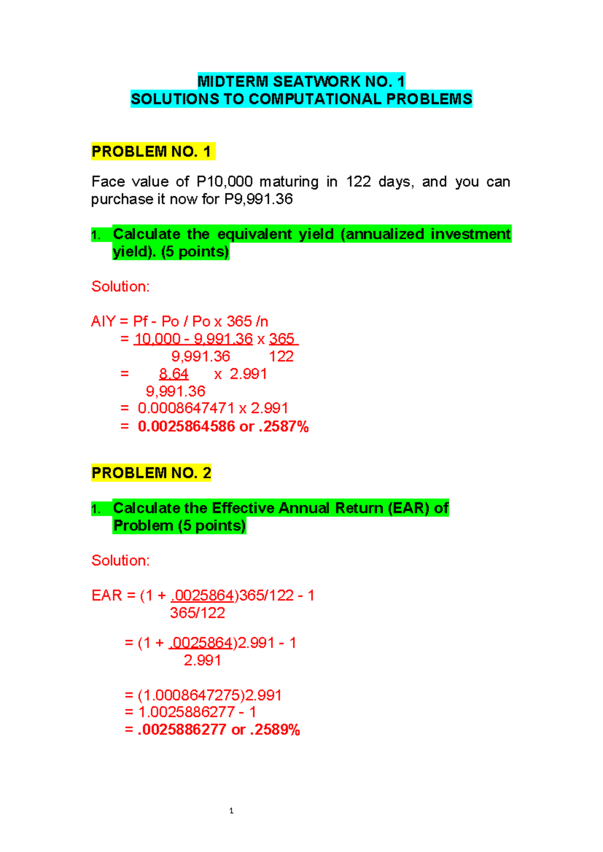 AE18 Solution TO Midterm Seatwork NO - MIDTERM SEATWORK NO. 1 SOLUTIONS TO COMPUTATIONAL ...