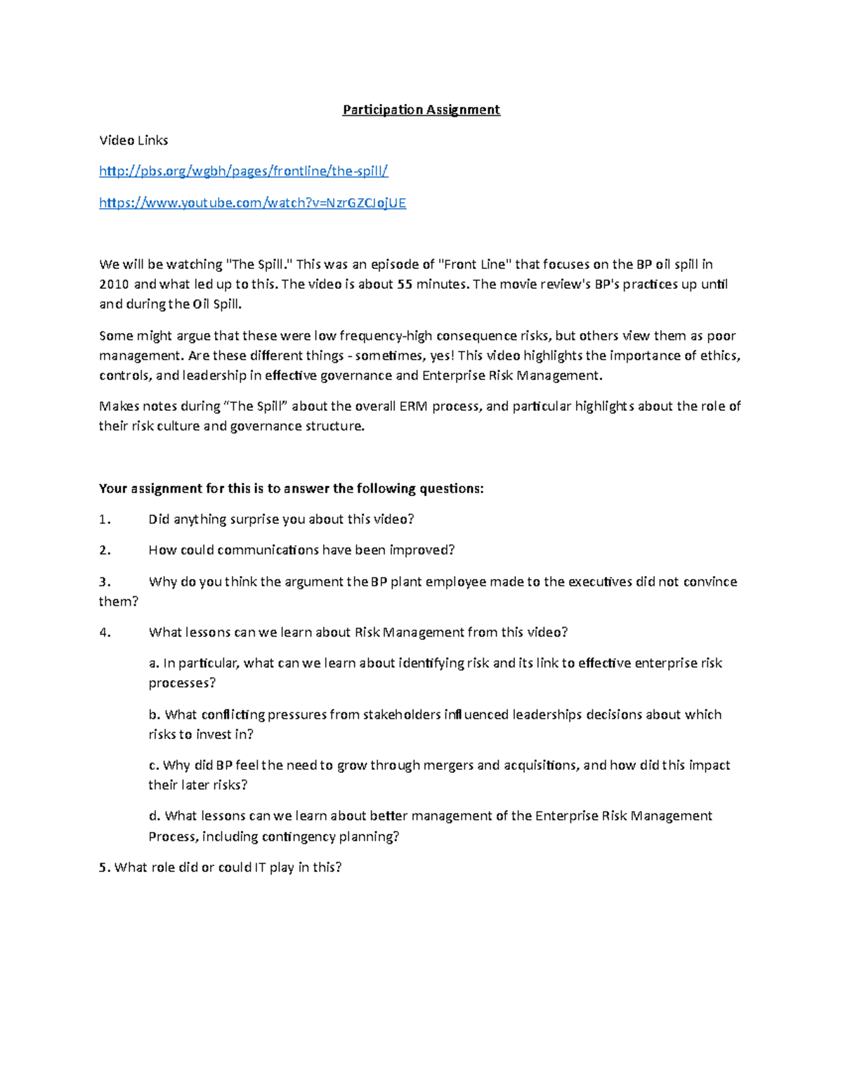 Participation Assignment 3 - Participation Assignment Video Links - Studocu