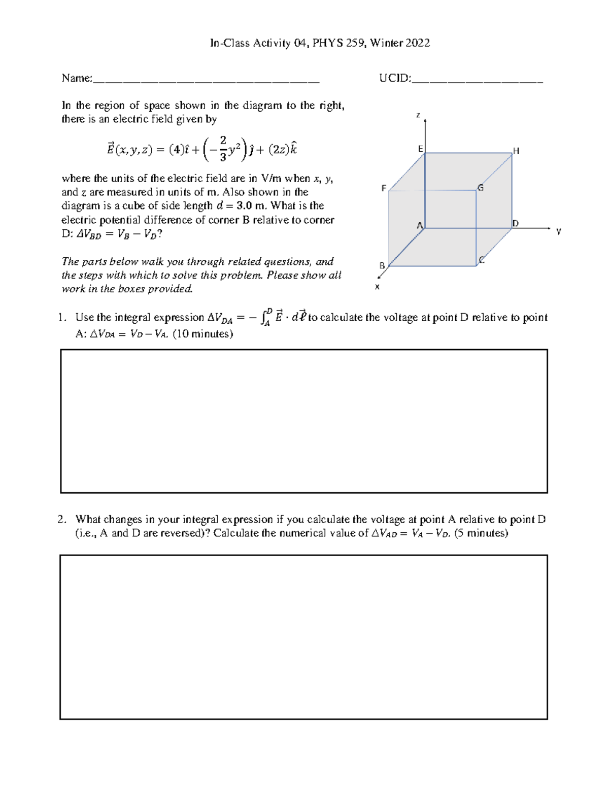 In-Class Active learning number 4 - Electric Fields - In-Class Activity 04, PHYS 259, Winter ...