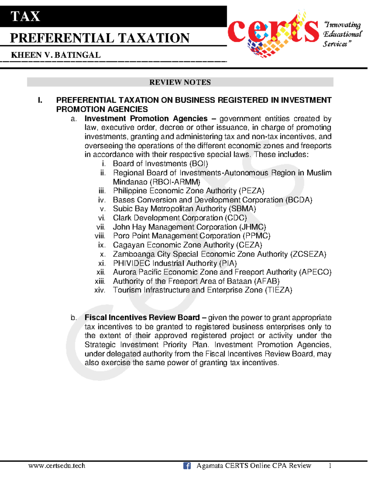 02 Preferential Taxation. Study notes. Readings - TAX KHEEN V. BATINGAL ...