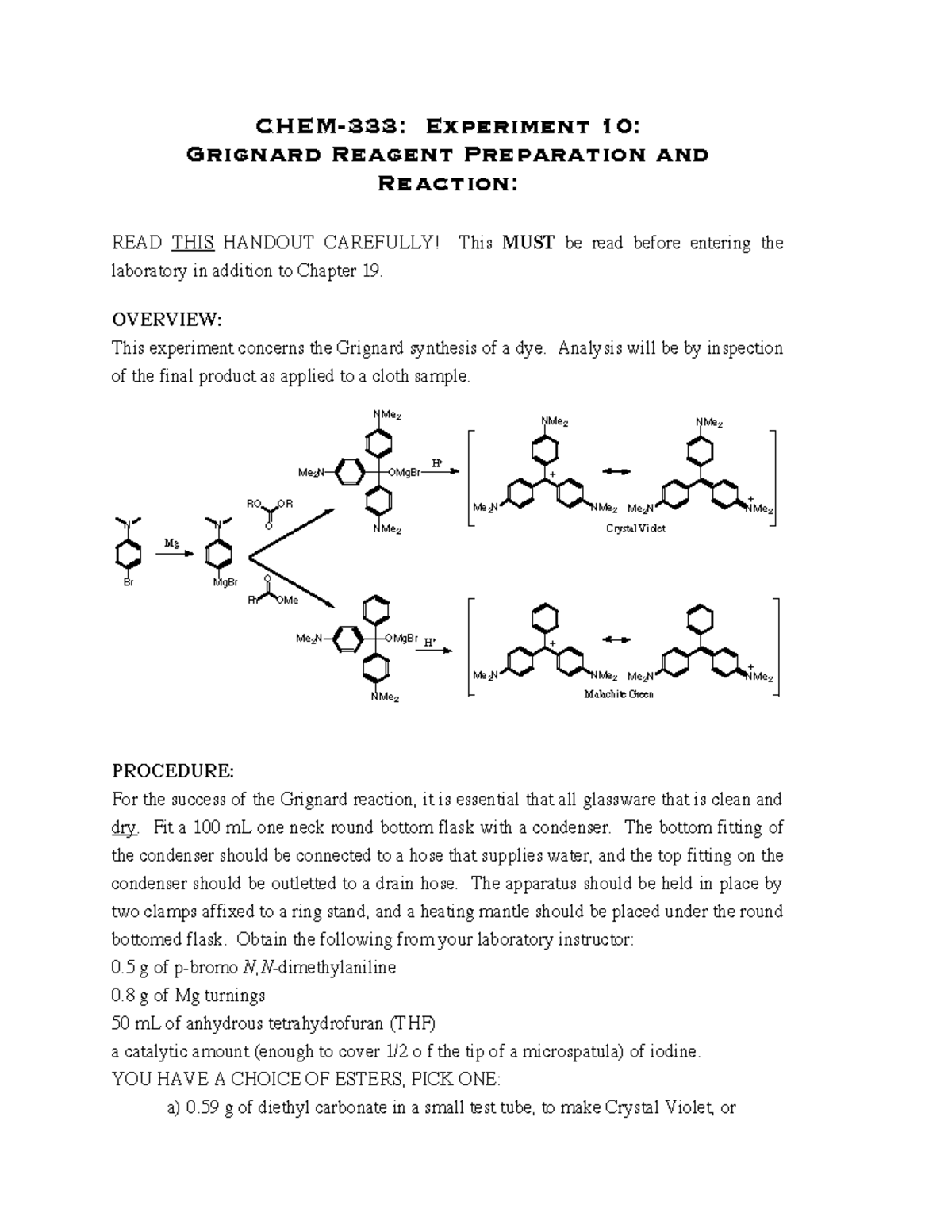 Grig - lab report - CHEM-333: Experiment 10: Grignard Reagent ...