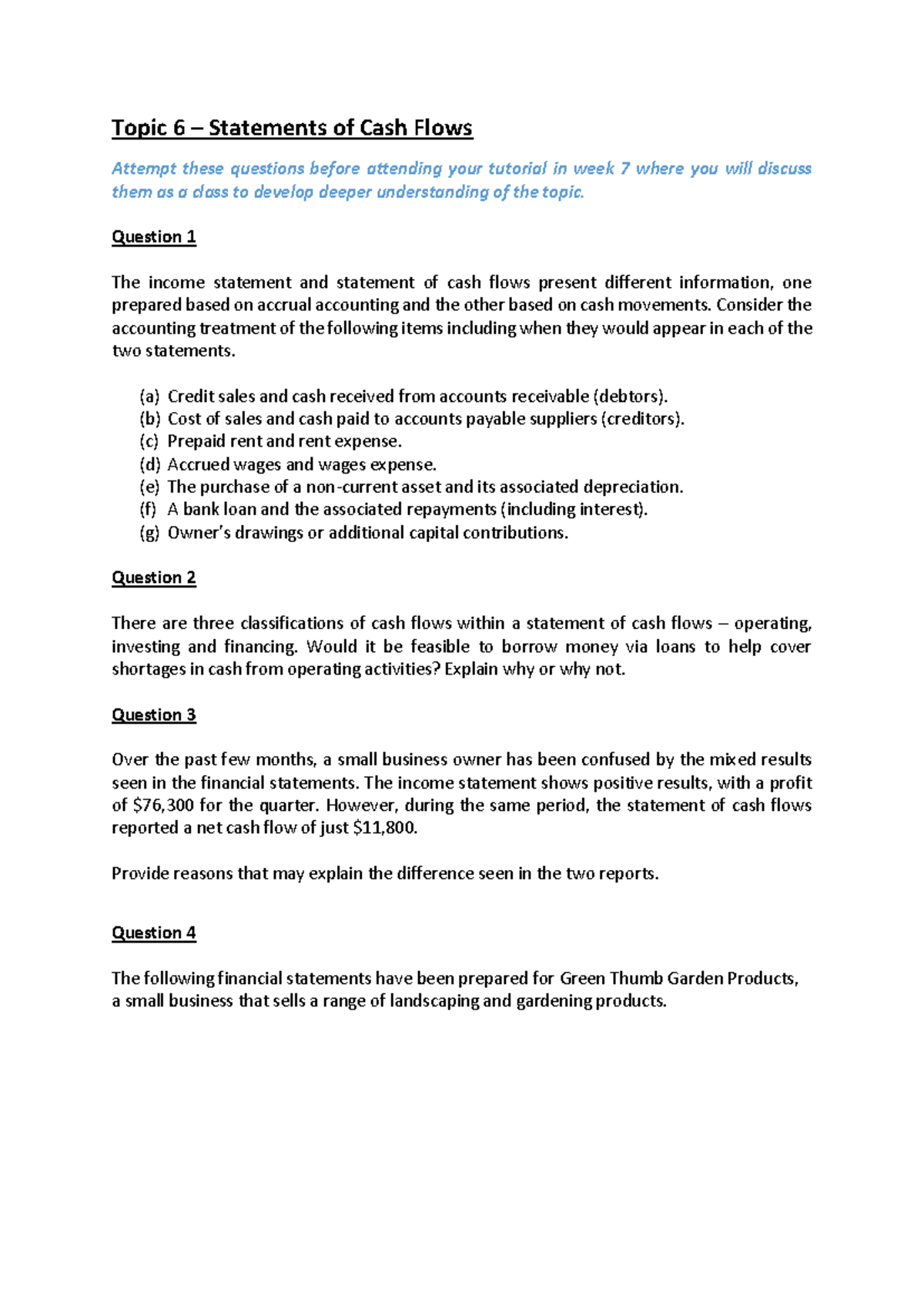 Topic 6 Tutorial Exercises answers - Topic 6 – Statements of Cash Flows ...
