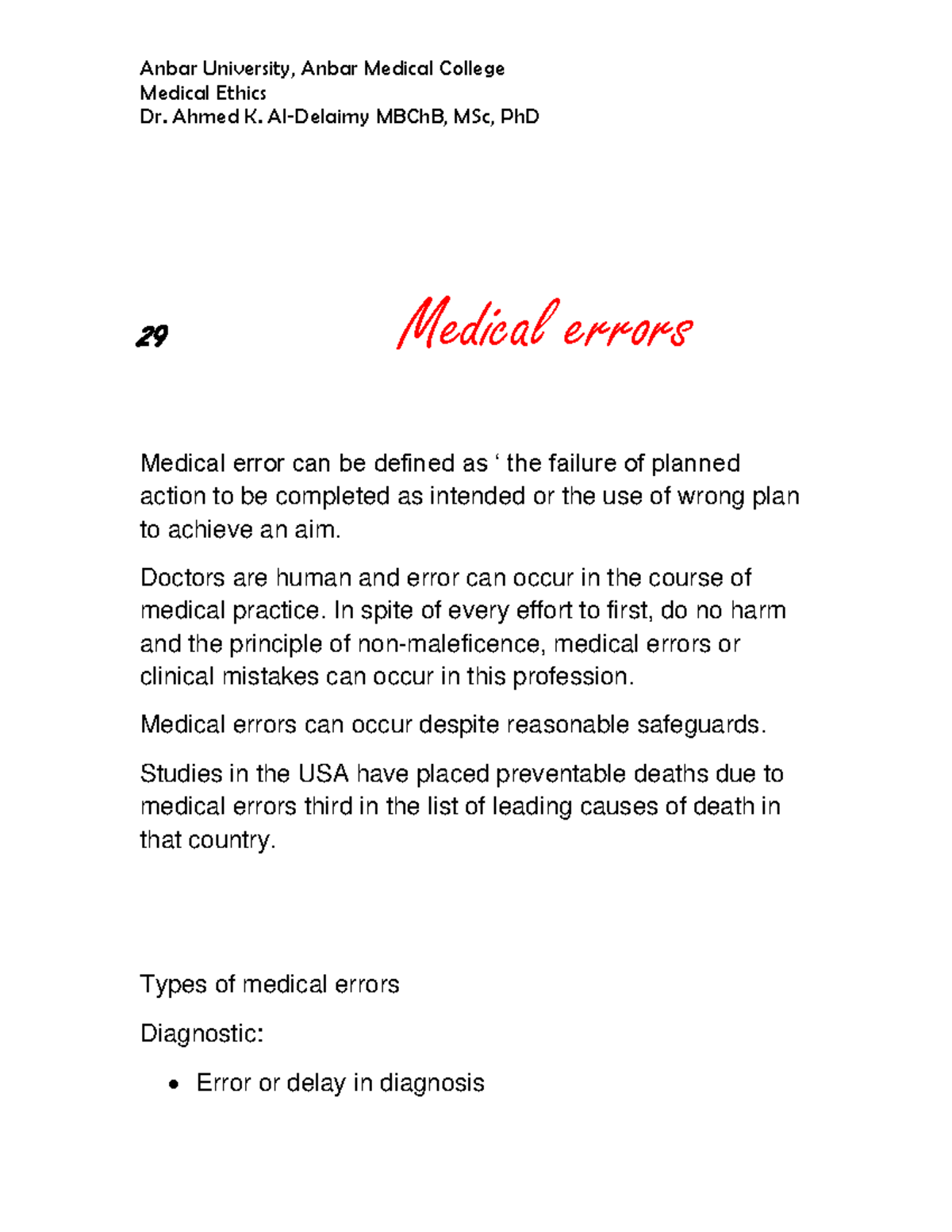 Medical errors - médecine générale - Anbar University, Anbar Medical ...