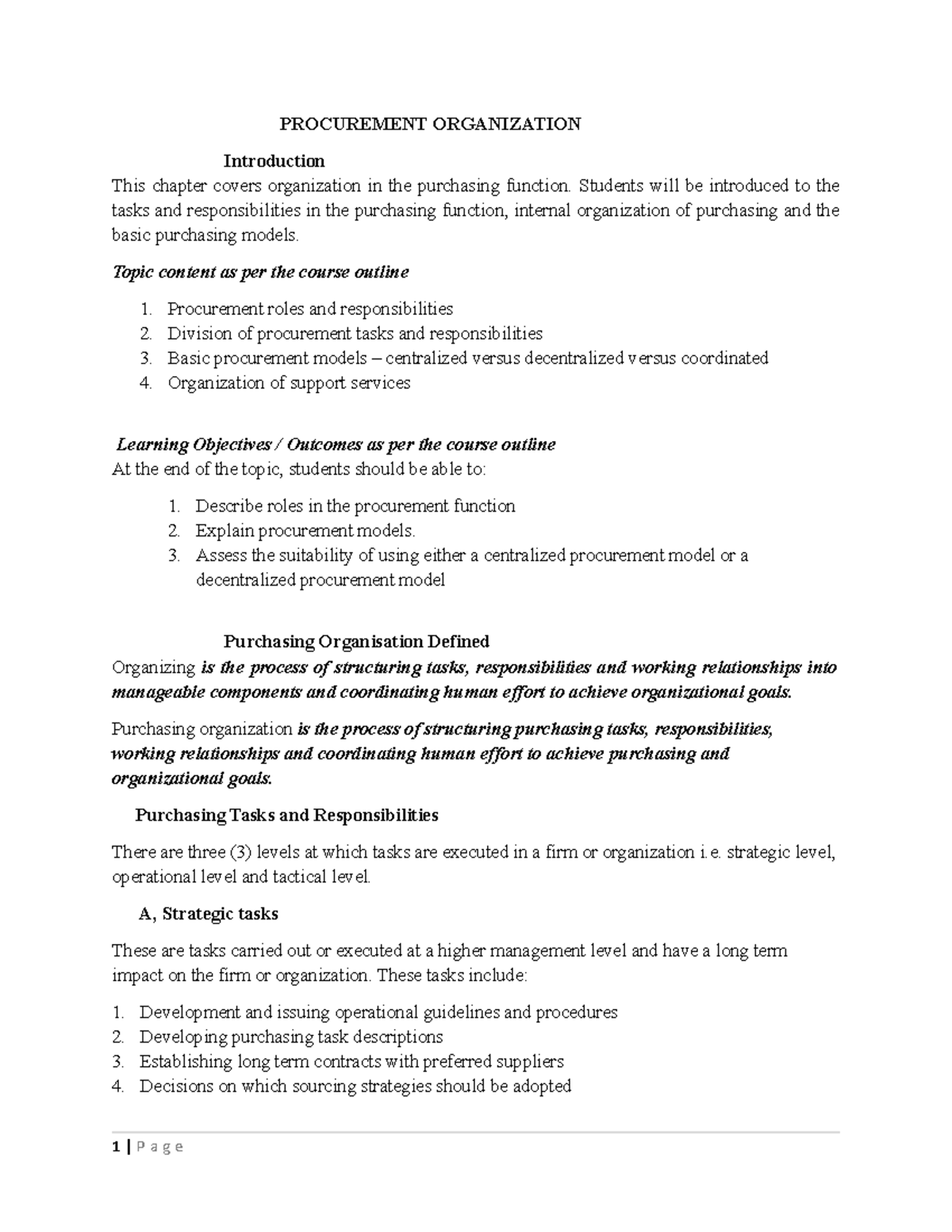 Procurement and supply chain - PROCUREMENT ORGANIZATION Introduction ...