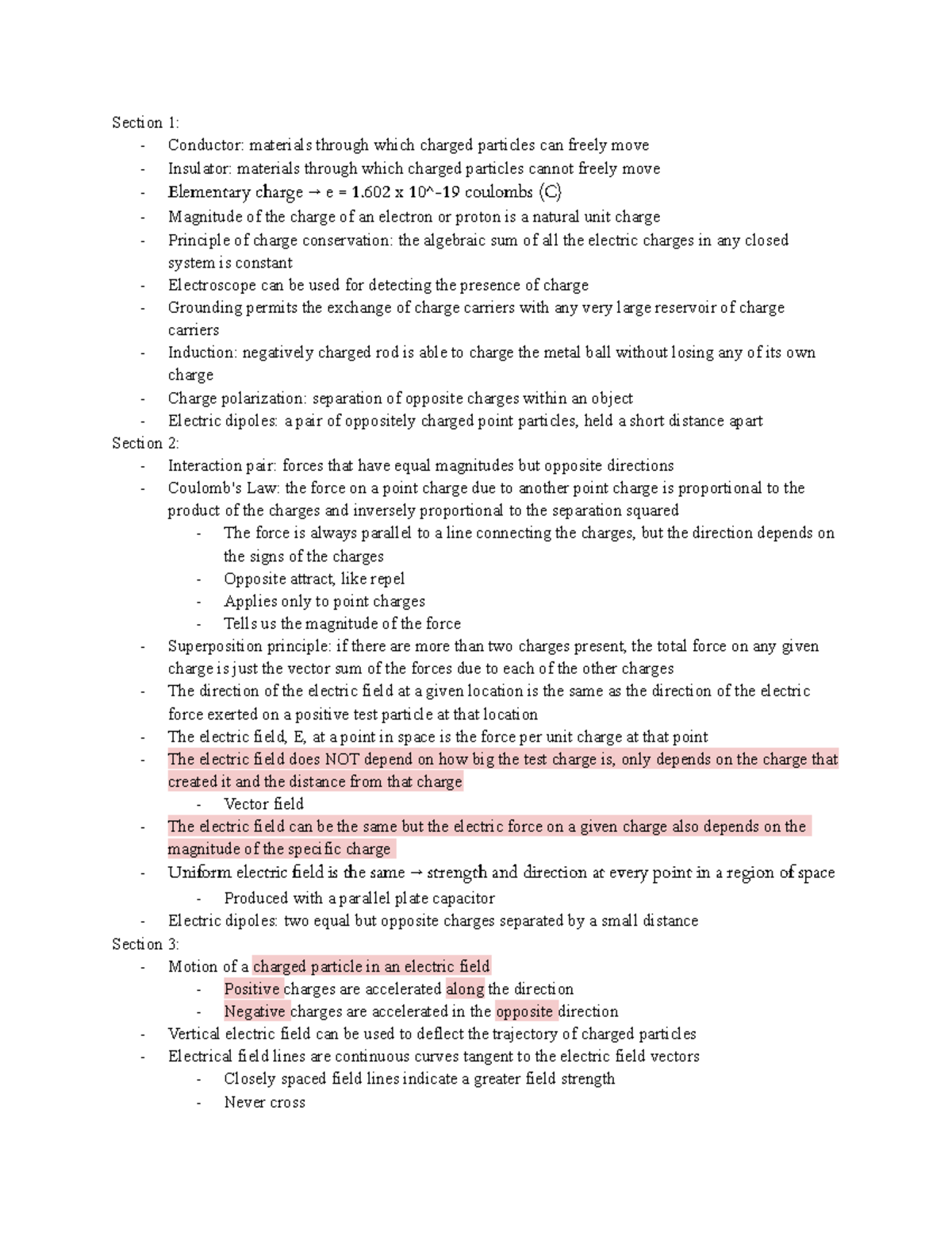 Physics Exam 1 Study Guide - Section 1: - Conductor: materials through ...