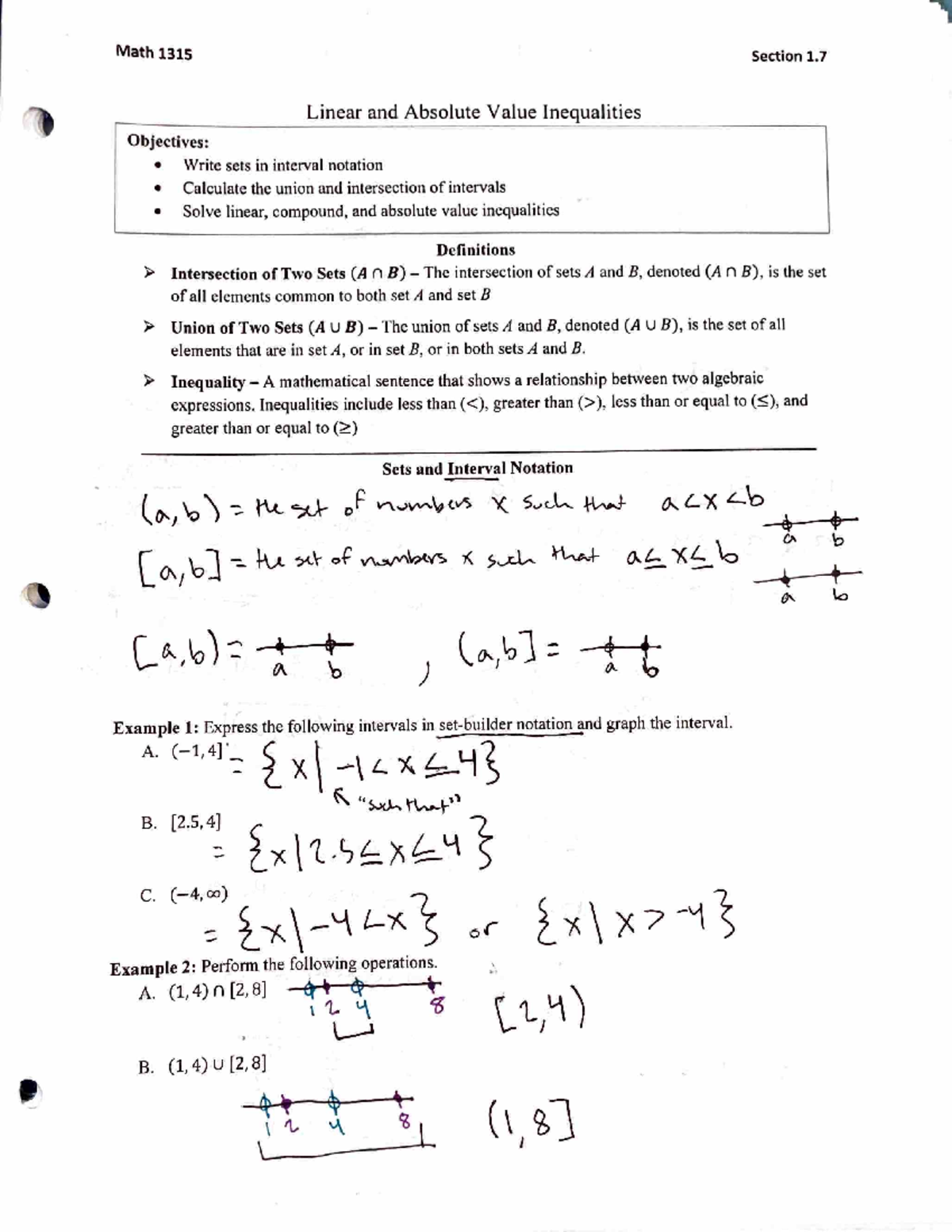 1.7 notes - linear and absolute value inequalities - Math 1315 Section ...