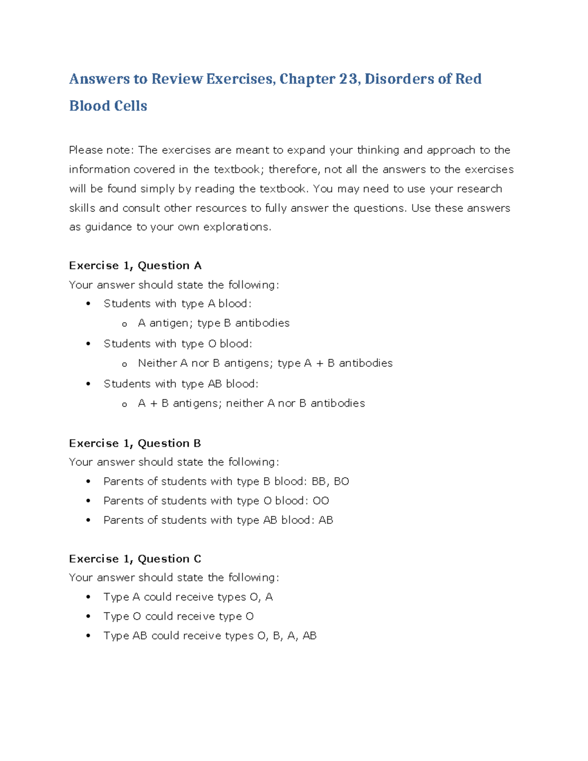 Answers to Review Exercises, Chapter 23, Disorders of Red Blood Cells ...
