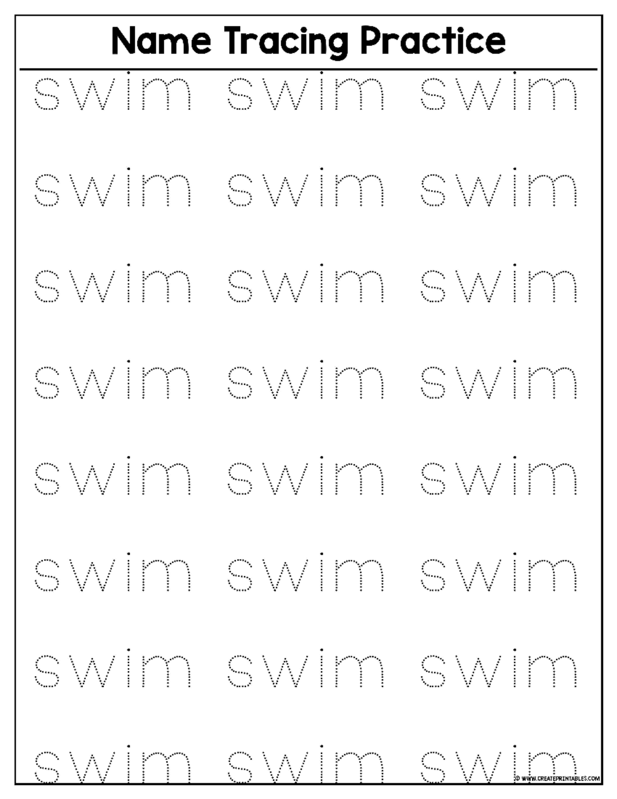 Writing U6 pracitce - KET for teenagers - Name Tracing Practice swim ...