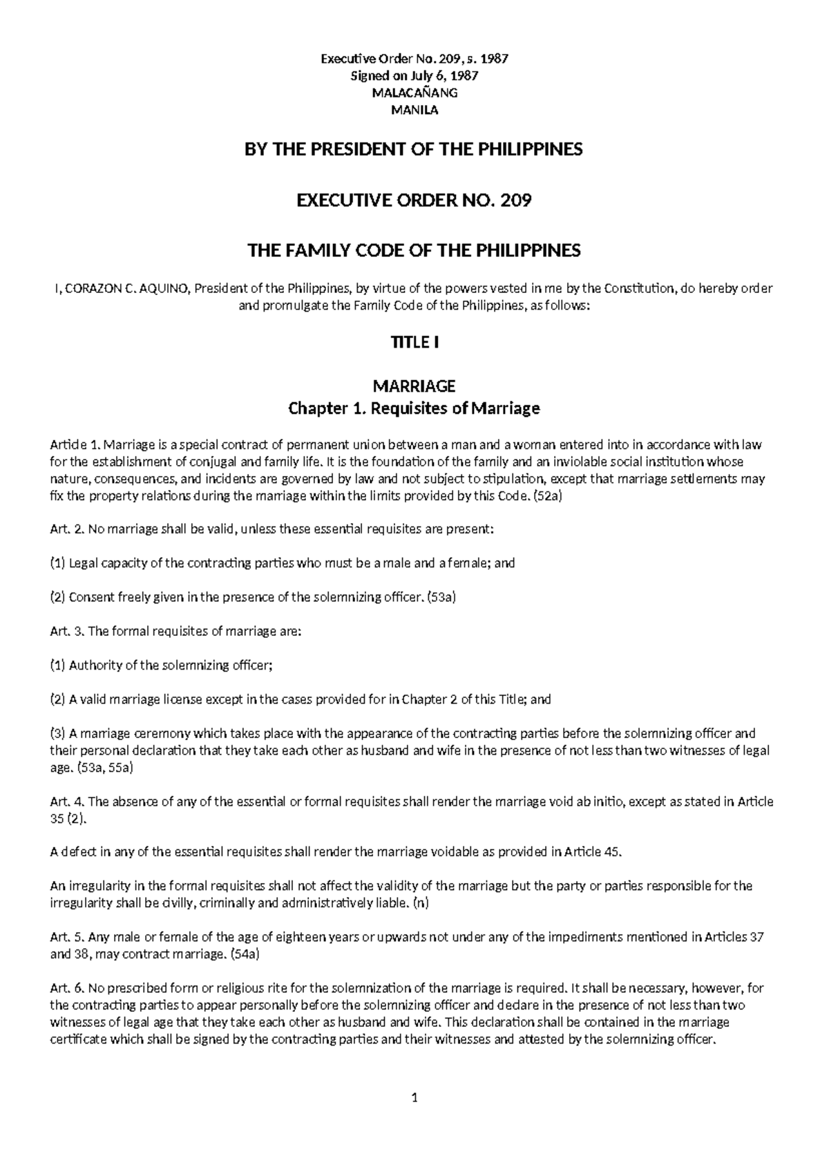 EO #209- Family CODE OF THE Philippines - Executive Order No. 209, s ...