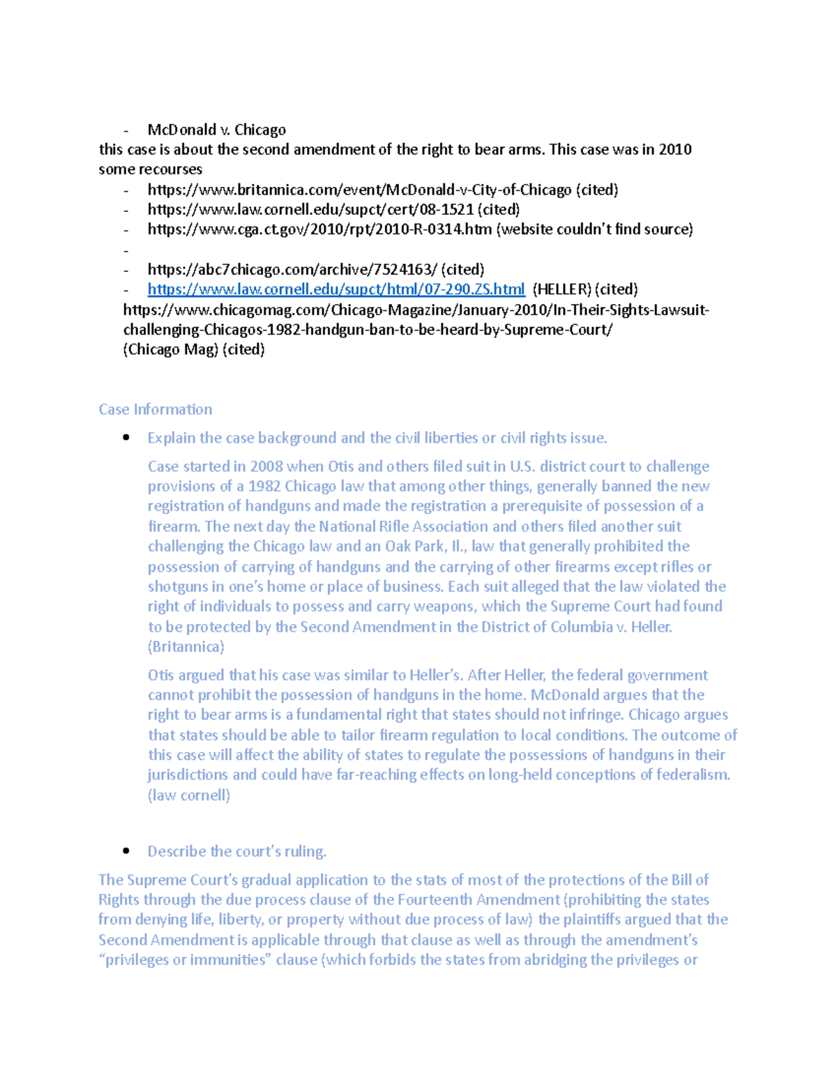 Mc Donald v. Chicago - court case essay - McDonald v. Chicago this case ...