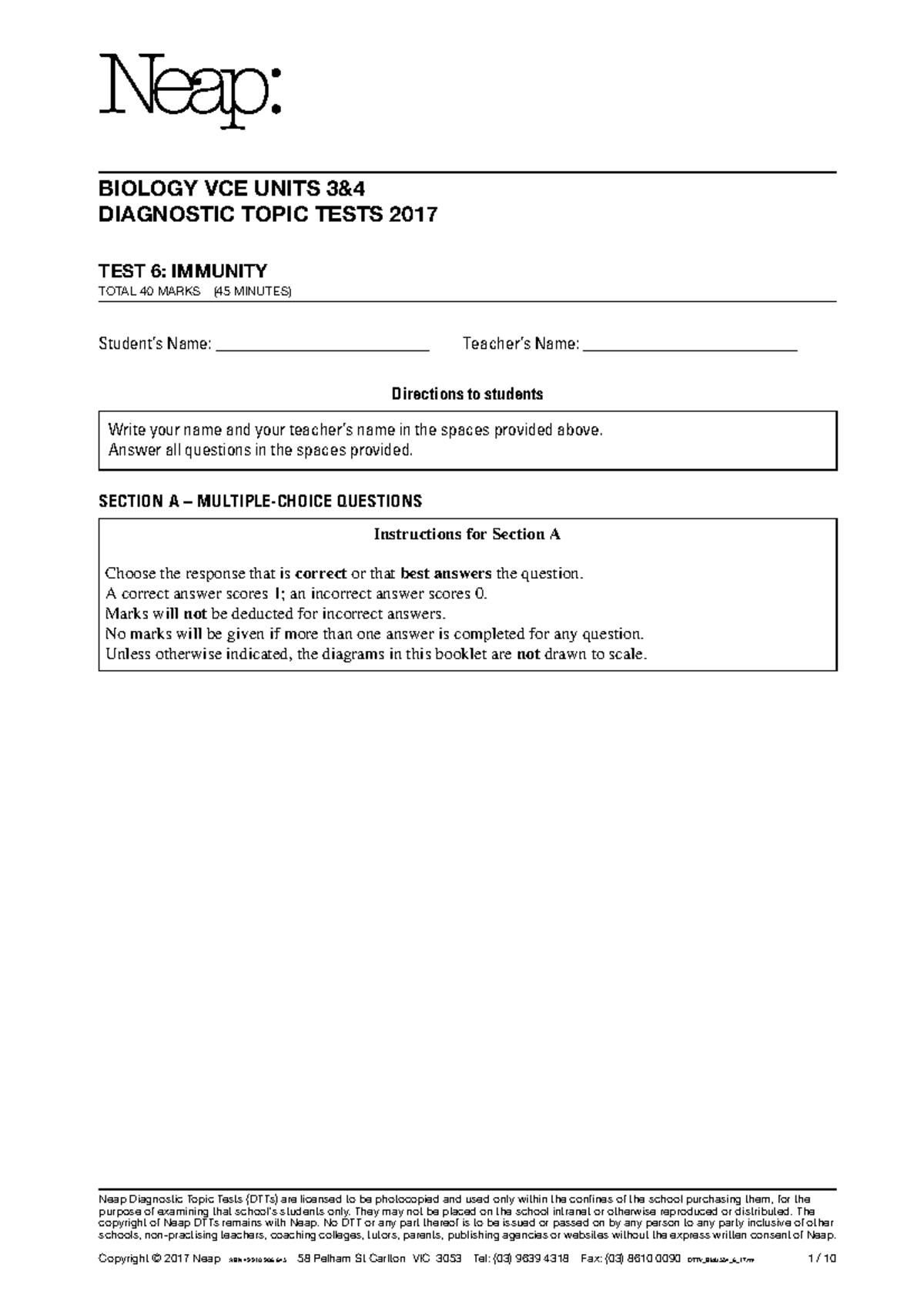 U4aos1 Questions B Practise Sac Biology Vce Units 3and Diagnostic Topic Tests 2017 Test 6 
