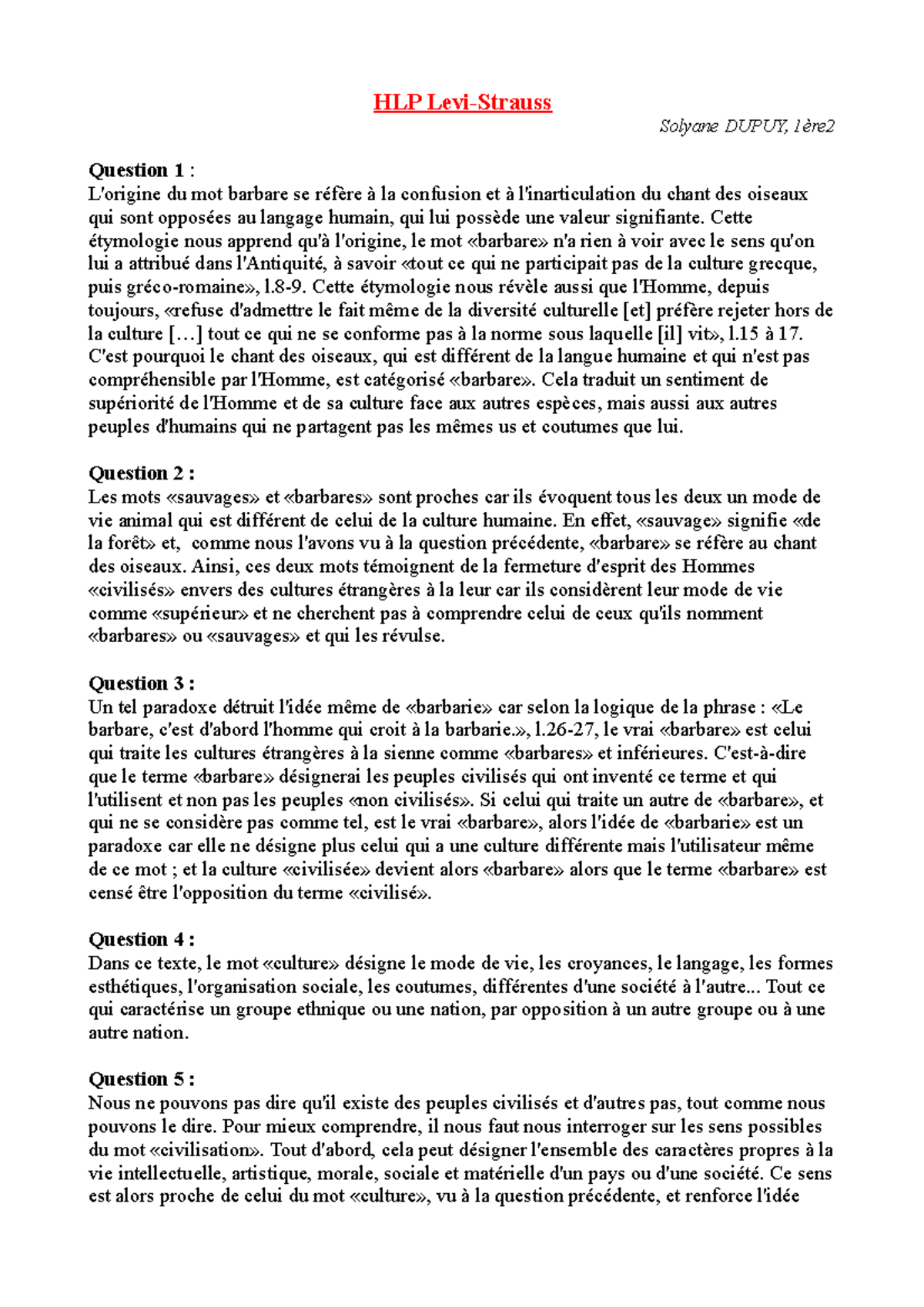 Barbare de Levi-Strauss - questions hlp - HLP Levi-Strauss Solyane ...