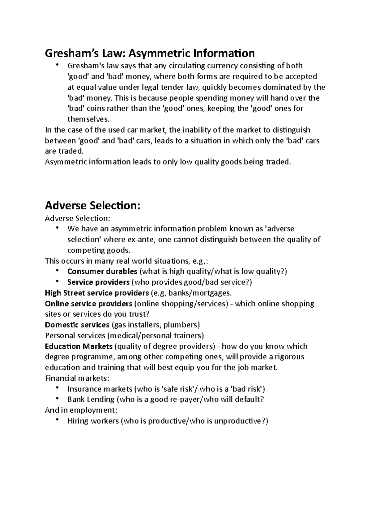 Gresham's Law and Adverse Selection - Gresham’s Law: Asymmetric ...
