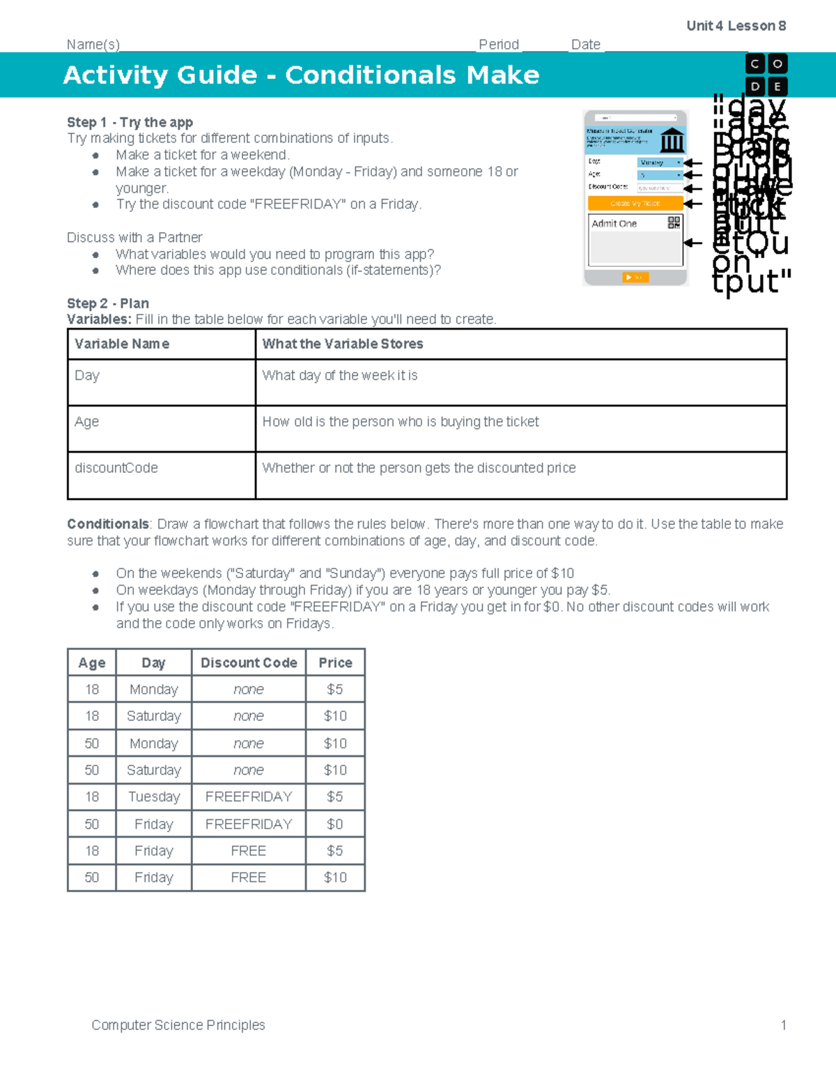Activity Guide - Conditionals Make - Unit 4 Lesson 8 - Unit 4 Lesson 8 ...
