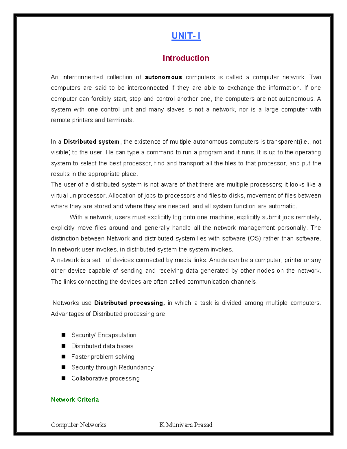 Cnu1 Computer Networks Notes Unit I Introduction An Interconnected Collection Of
