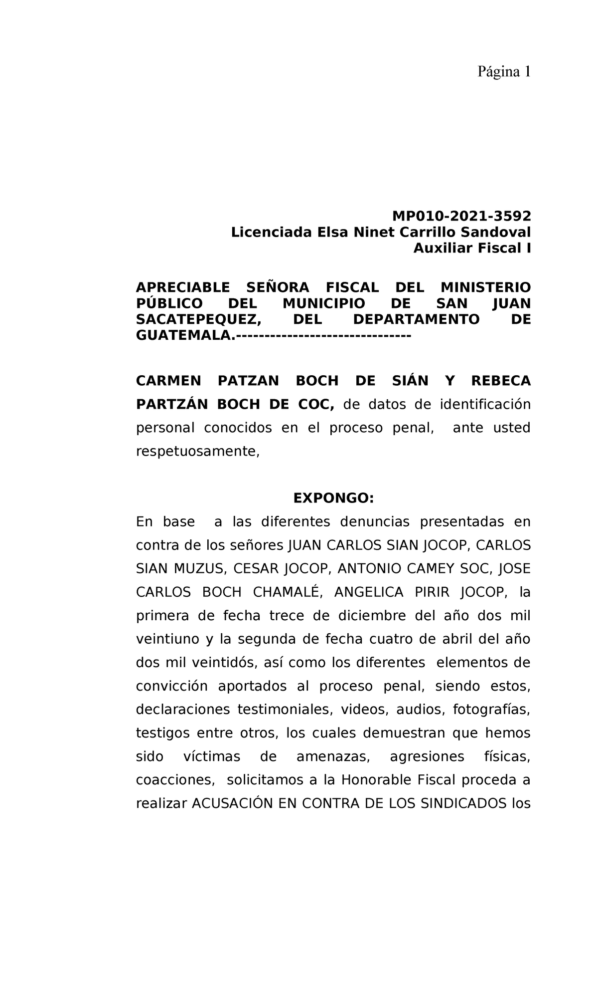 Memorial Solicitando Acusación - MP010-2021- Licenciada Elsa Ninet ...