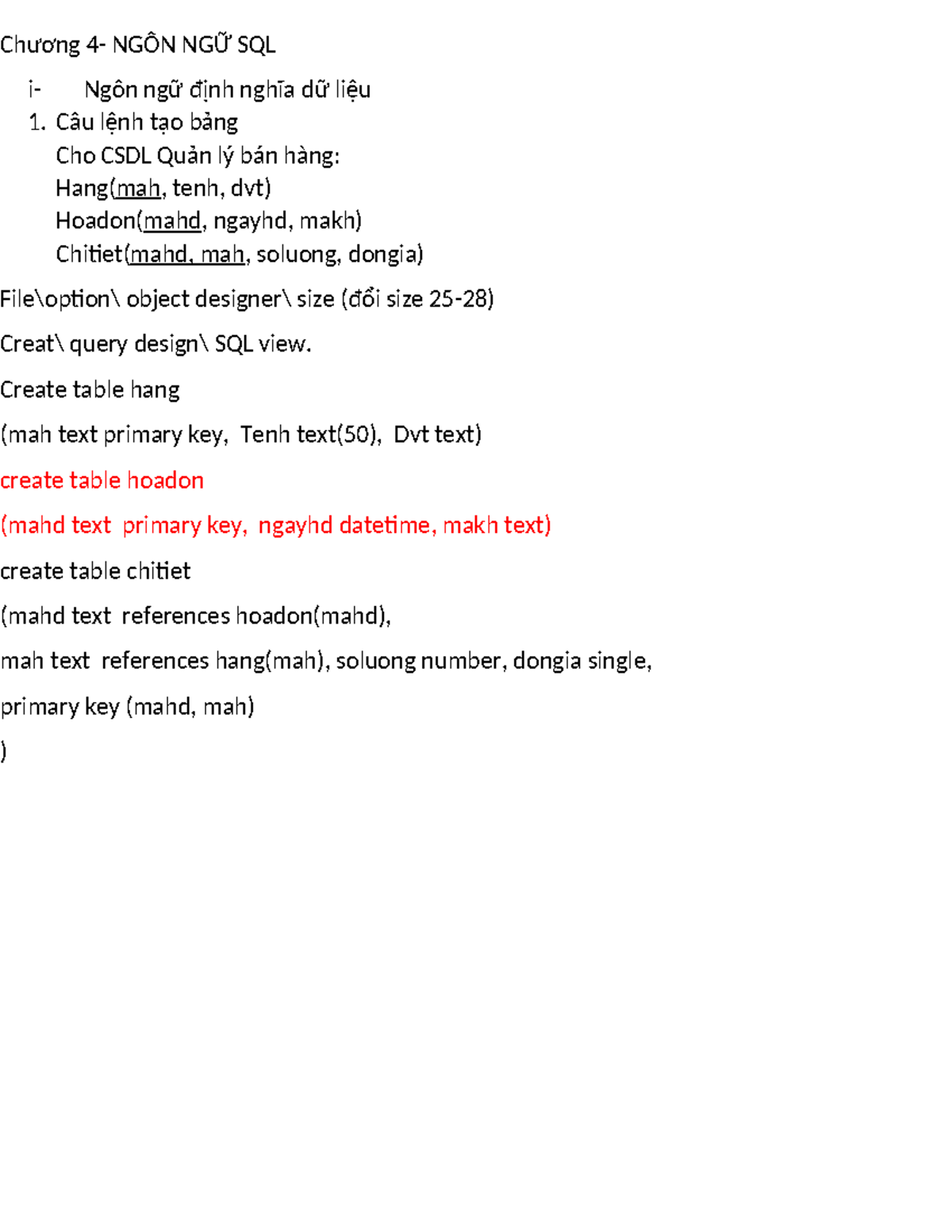 Cau lenh sql - Chương 4- NGÔN NGỮ SQL i- Ngôn ngữ định nghĩa dữ liệu ...