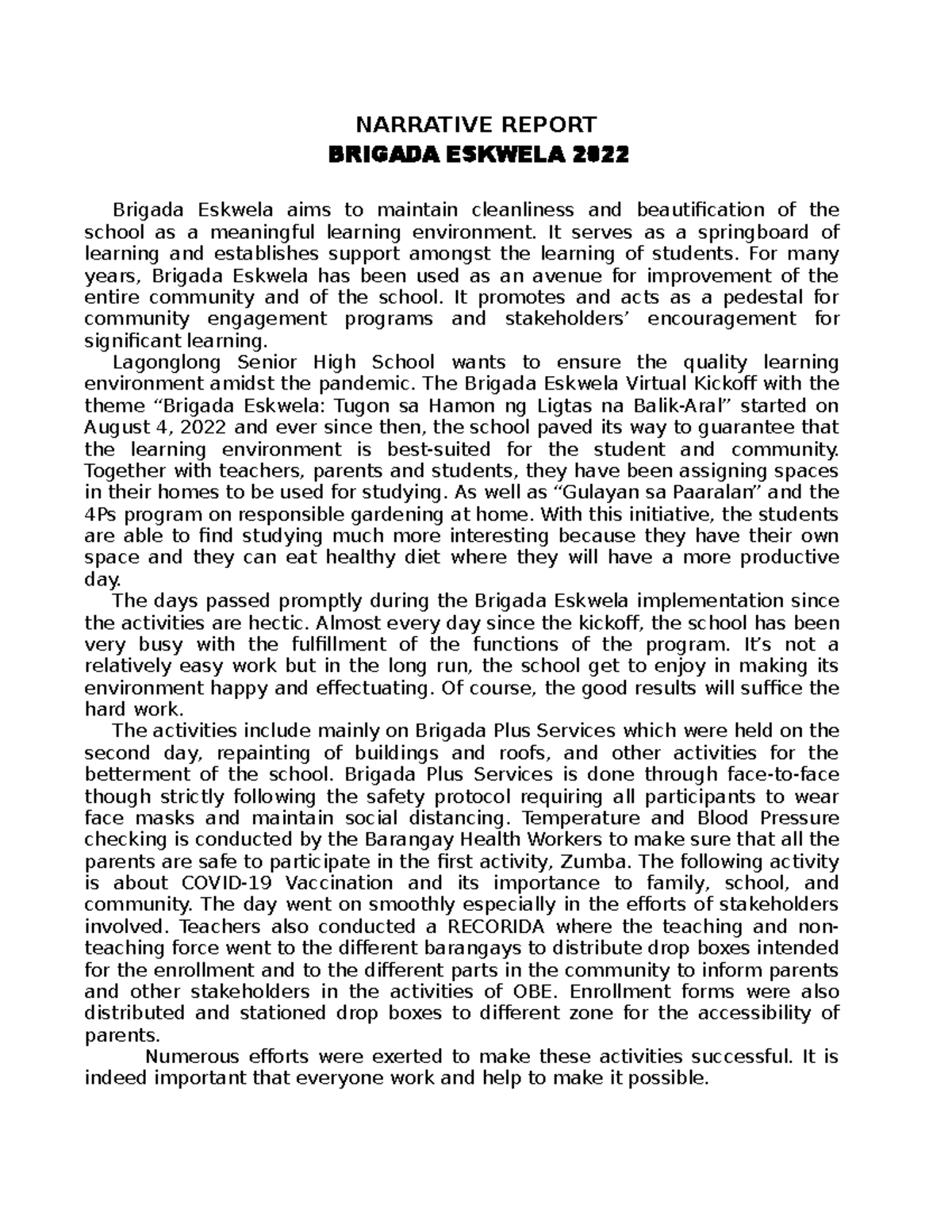 Narrative Report BE 22 - NARRATIVE REPORT BRIGADA ESKWELA 2022 Brigada ...