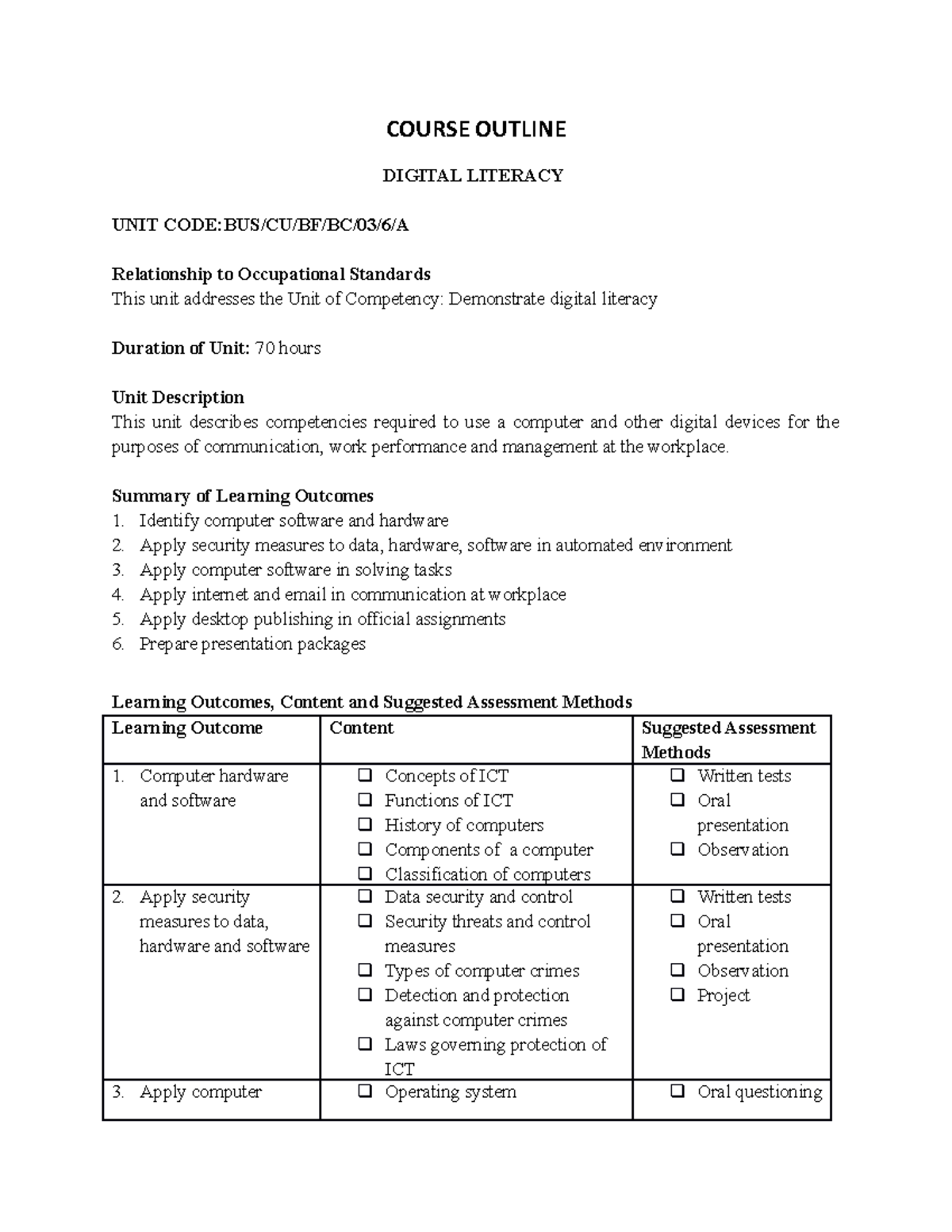 Course Outline Digital Literacy - COURSE OUTLINE DIGITAL LITERACY UNIT ...