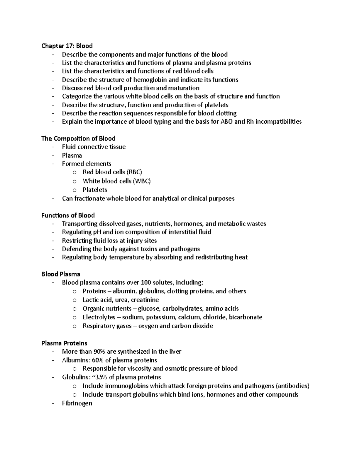 Chapter 17: blood - Chapter 17: Blood - Describe the components and ...