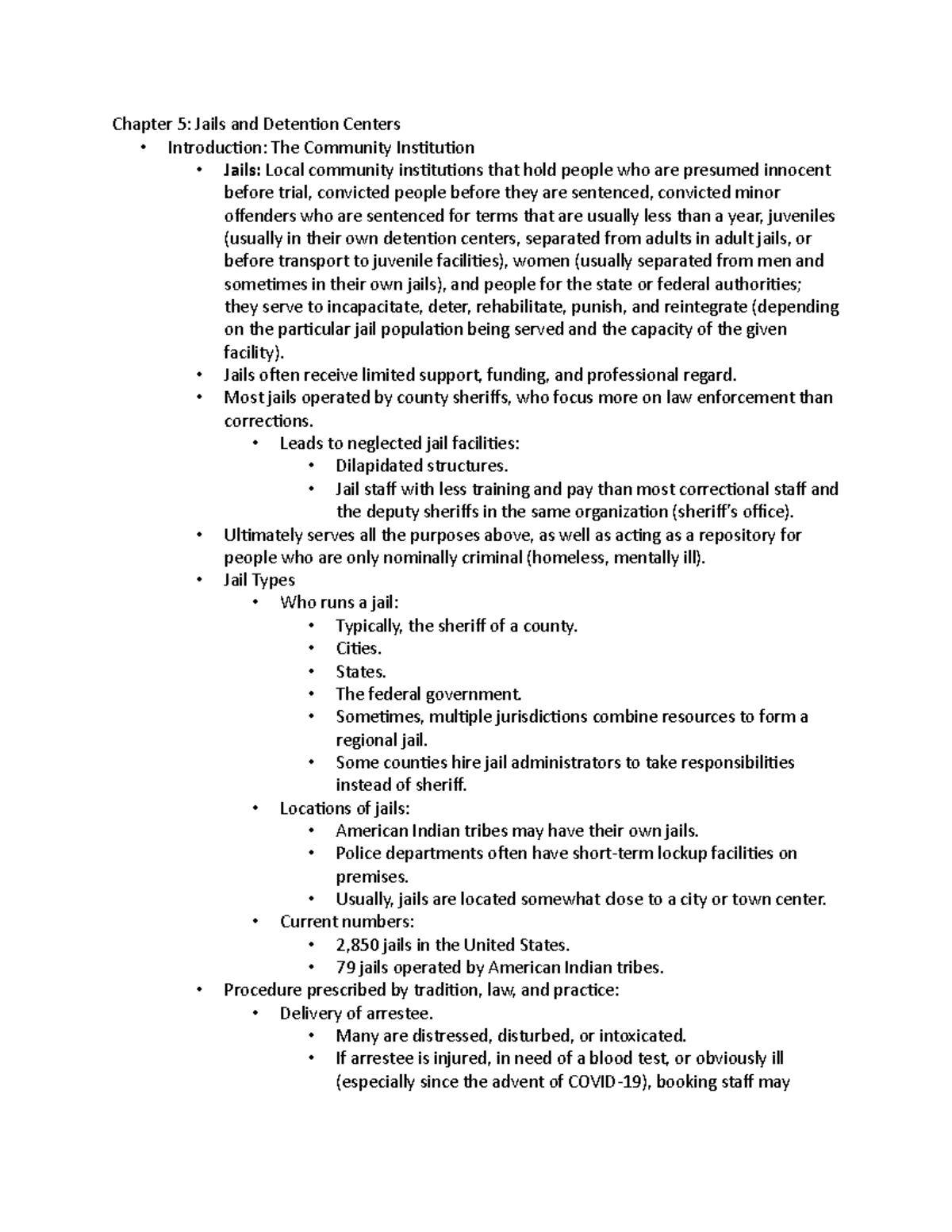 Corrections Notes Chapter 5 - Chapter 5: Jails and Detention Centers ...