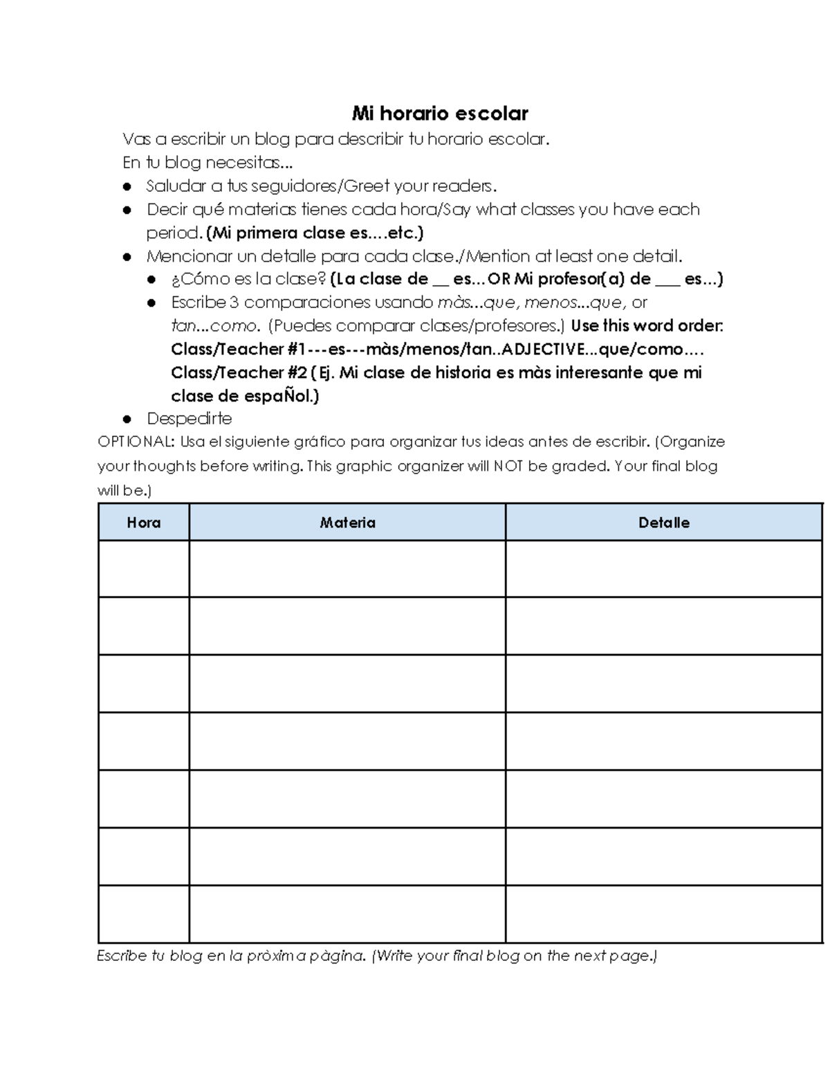 Josue rauda Mi horario escolar - Mi horario escolar Vas a escribir un ...