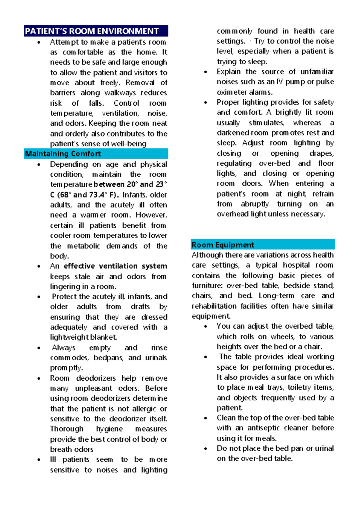 Fundamentals OF Nursing LAB Notes - PATIENT’S ROOM ENVIRONMENT Attempt ...