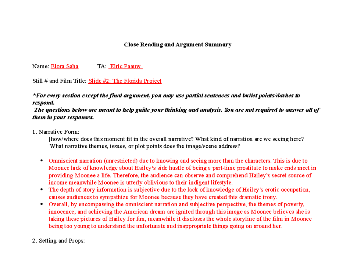 Wlodarz-Film 1022 Close Reading - Close Reading and Argument Summary ...