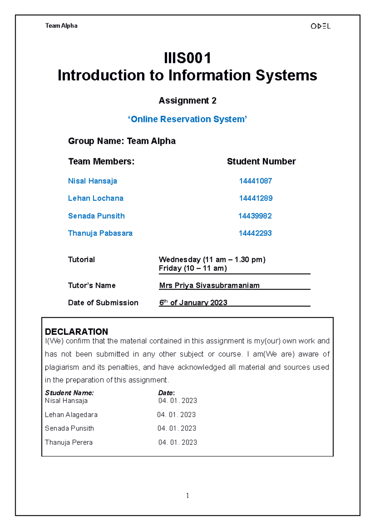 Assignment 2 - Team Alpha - IIIS Introduction to Information Systems Assignment 2 ‘Online - Studocu