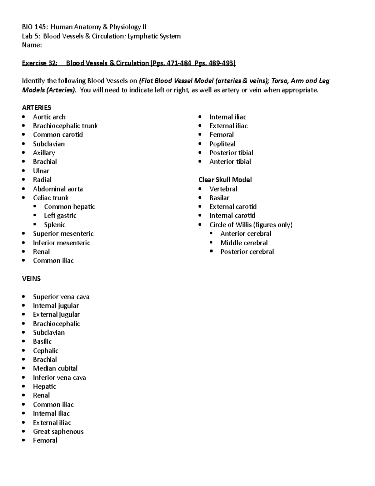 BIO 145 Lab 5 Blood Vessels & Lymphatic (1) - BIO 145: Human Anatomy ...