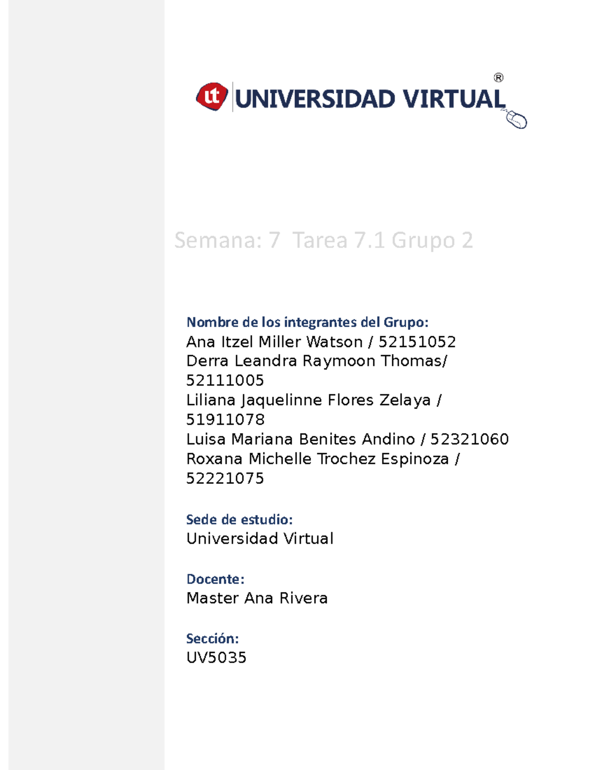 S7 Tarea 7.1 Trabajo Grupo 2 - Nombre de los integrantes del Grupo: Ana ...