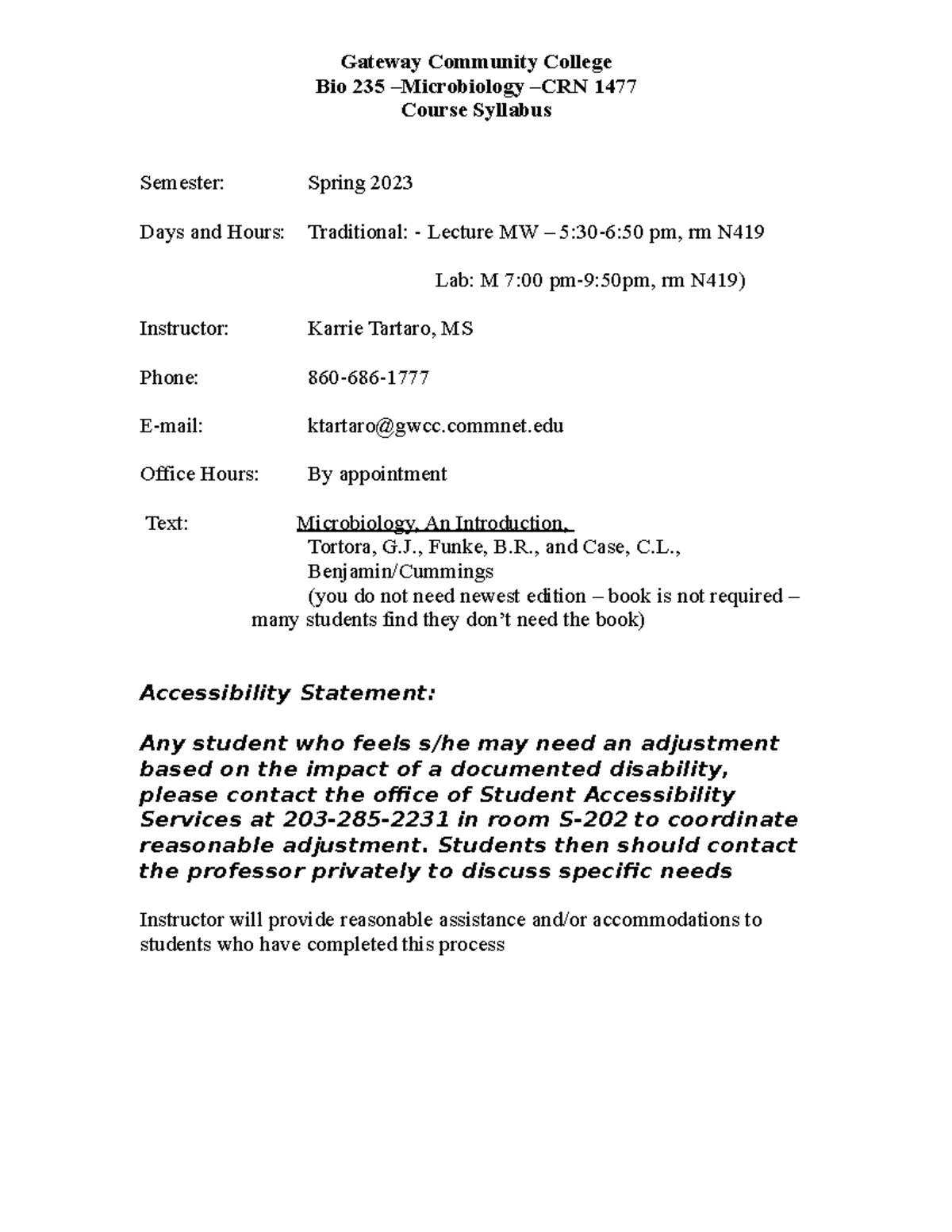 Micro-syllabus-spring 2023 - Gateway Community College Bio 235 ...