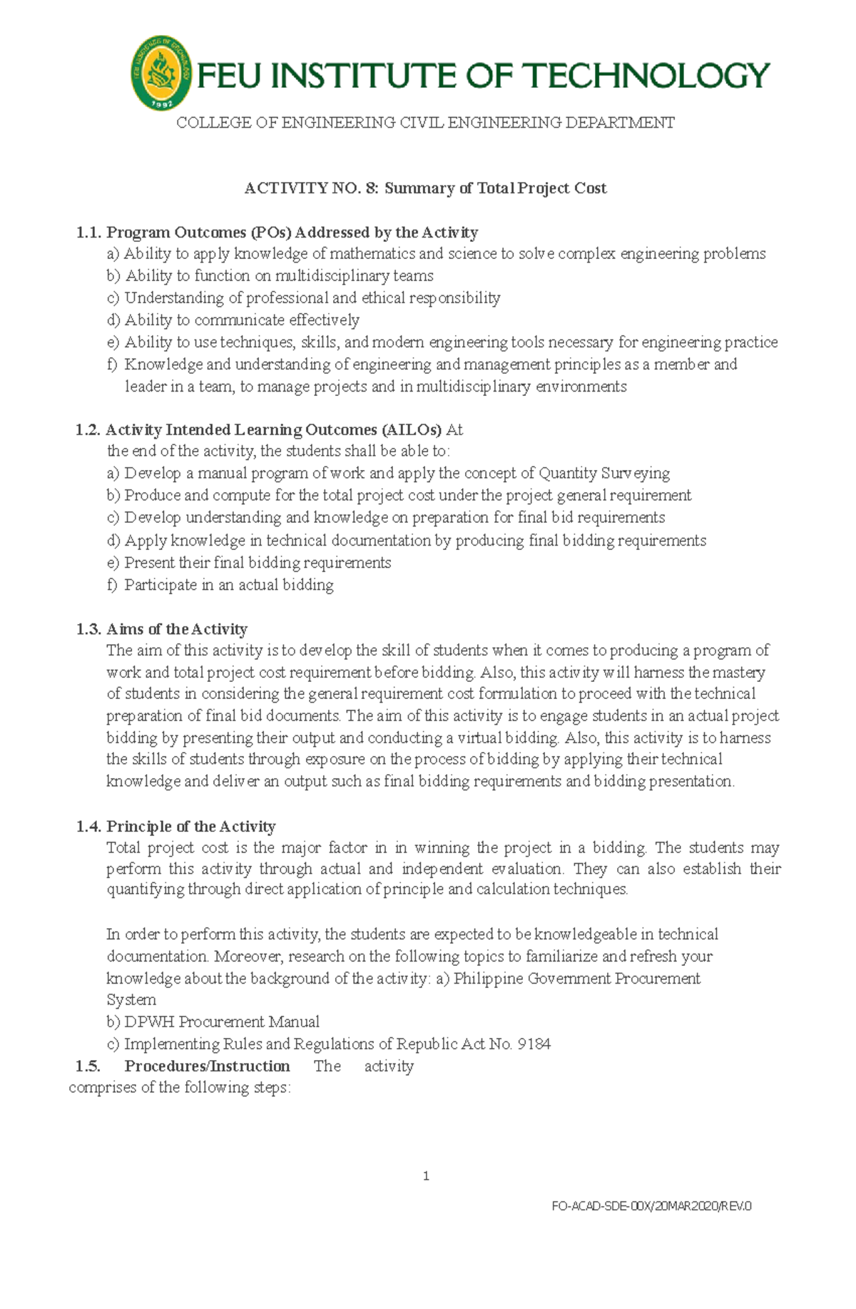 Activity 8 ce law sample - COLLEGE OF ENGINEERING CIVIL ENGINEERING ...