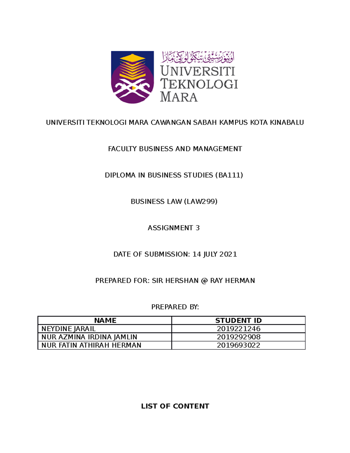 LAW299 Business Law Group Assignment 3 - UNIVERSITI TEKNOLOGI MARA ...