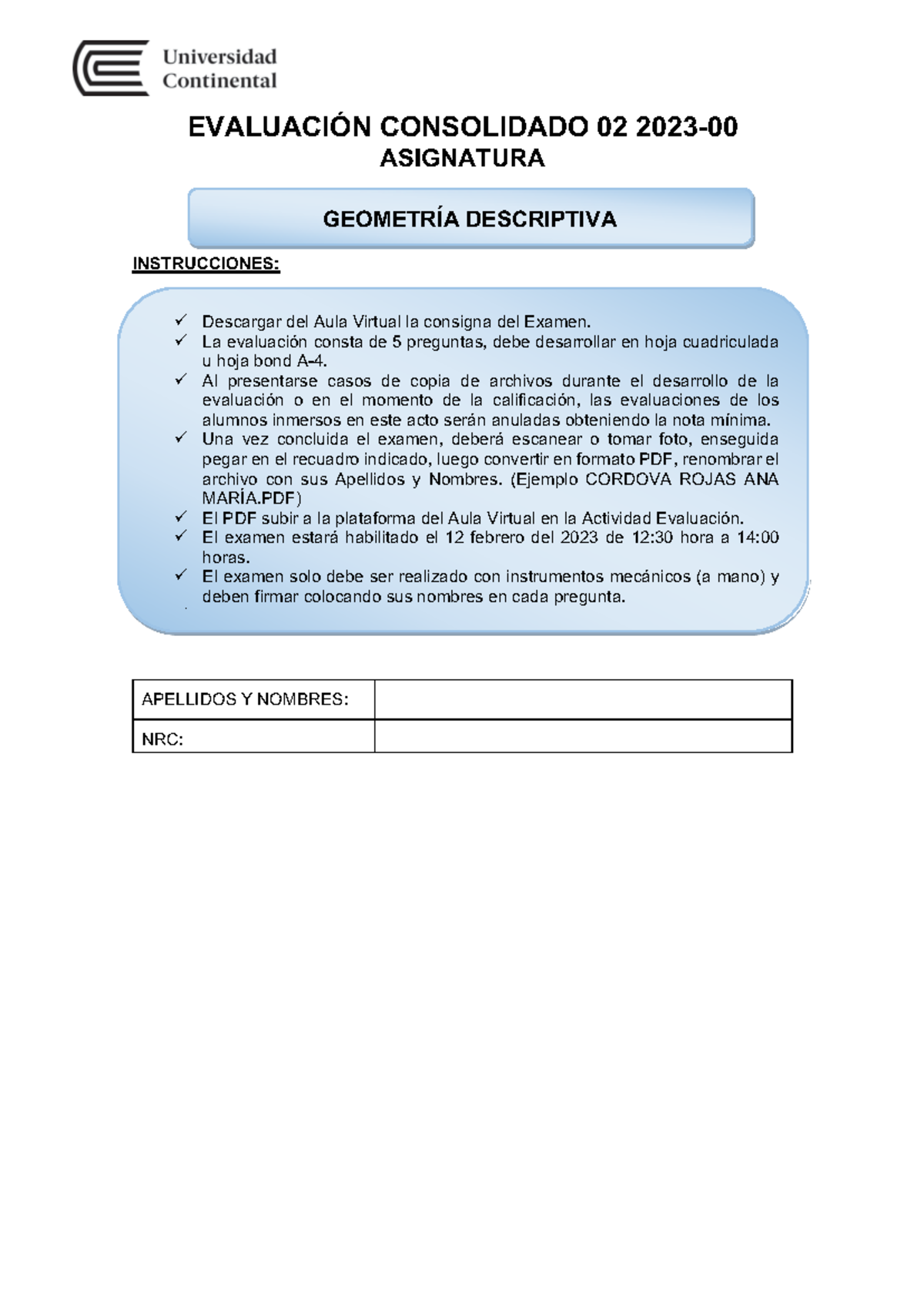 Evaluacion Consolidado 02 2023 geometria descriptiva solucion - EVALUACIÓN CONSOLIDADO 02 2023 ...