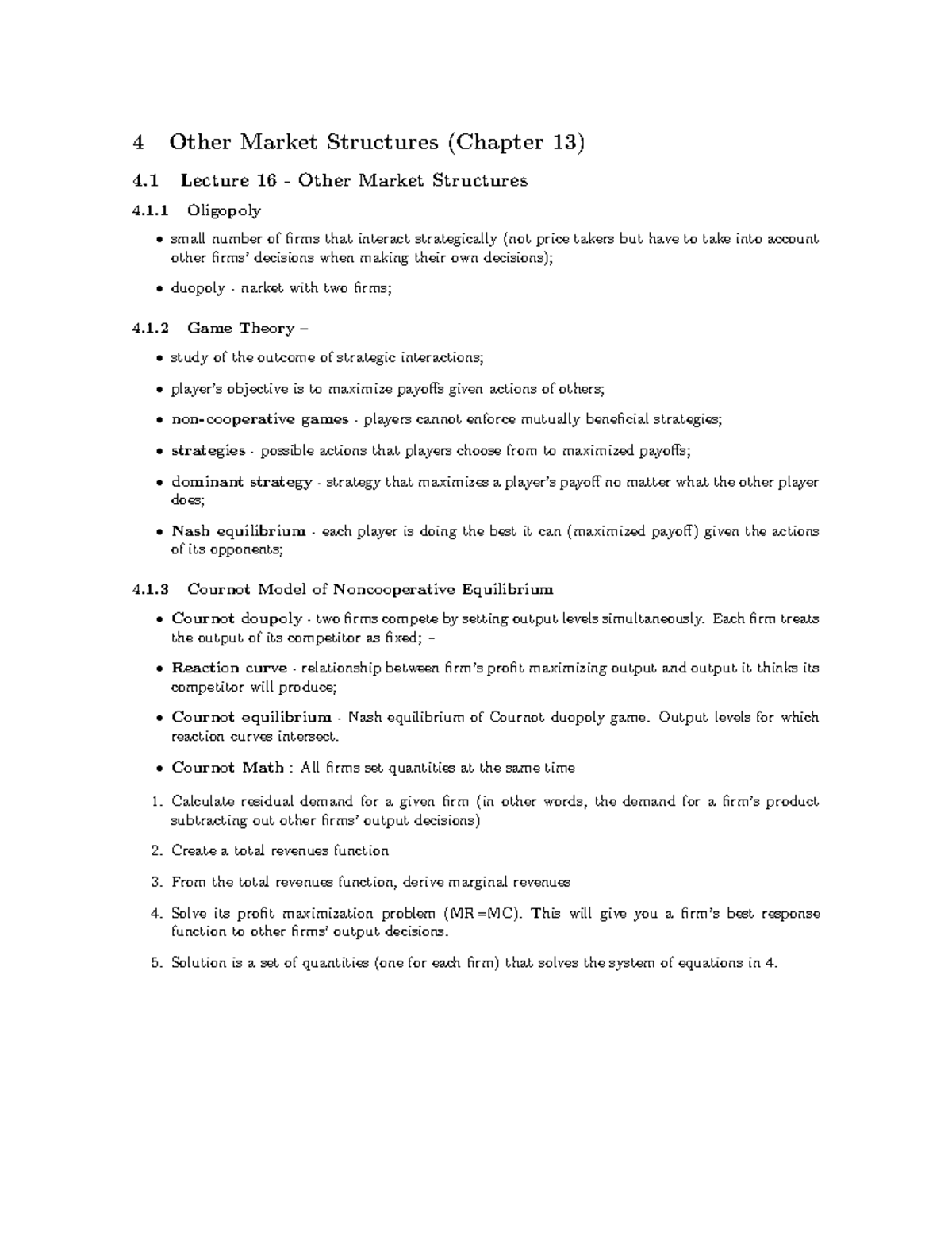 Market Structure Notes - 4 Other Market Structures (Chapter 13) 4 ...