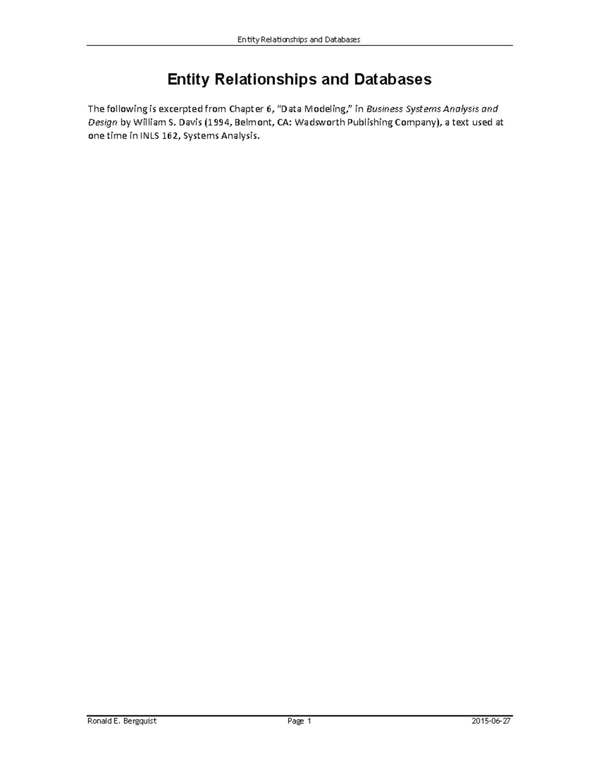 Rdbms - study materials - Entity Relationships and Databases The following is excerpted from ...