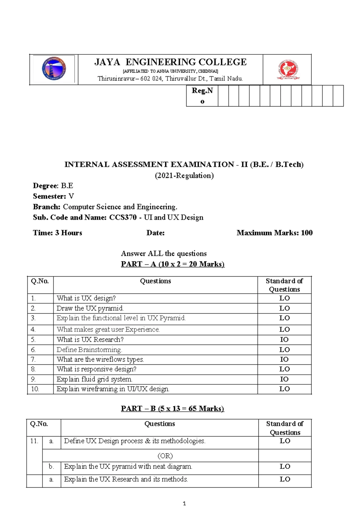 UI and UX Design - IAT2-Question paper-SET1 - Reg o INTERNAL ASSESSMENT EXAMINATION - II (B. / B ...