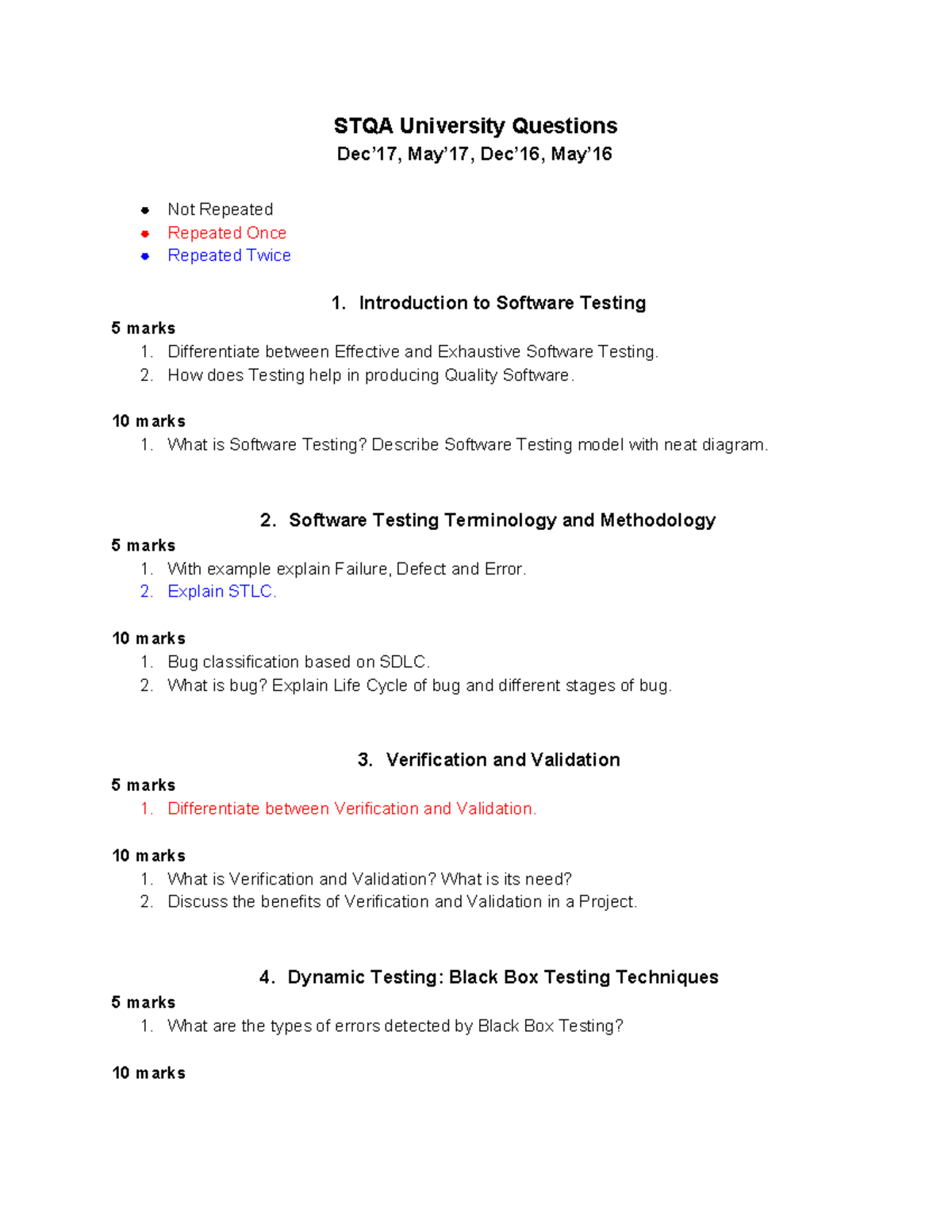 STQA University Questions - STQA University Questions Dec’17, May’17, Dec’16, May’ Not Repeated ...