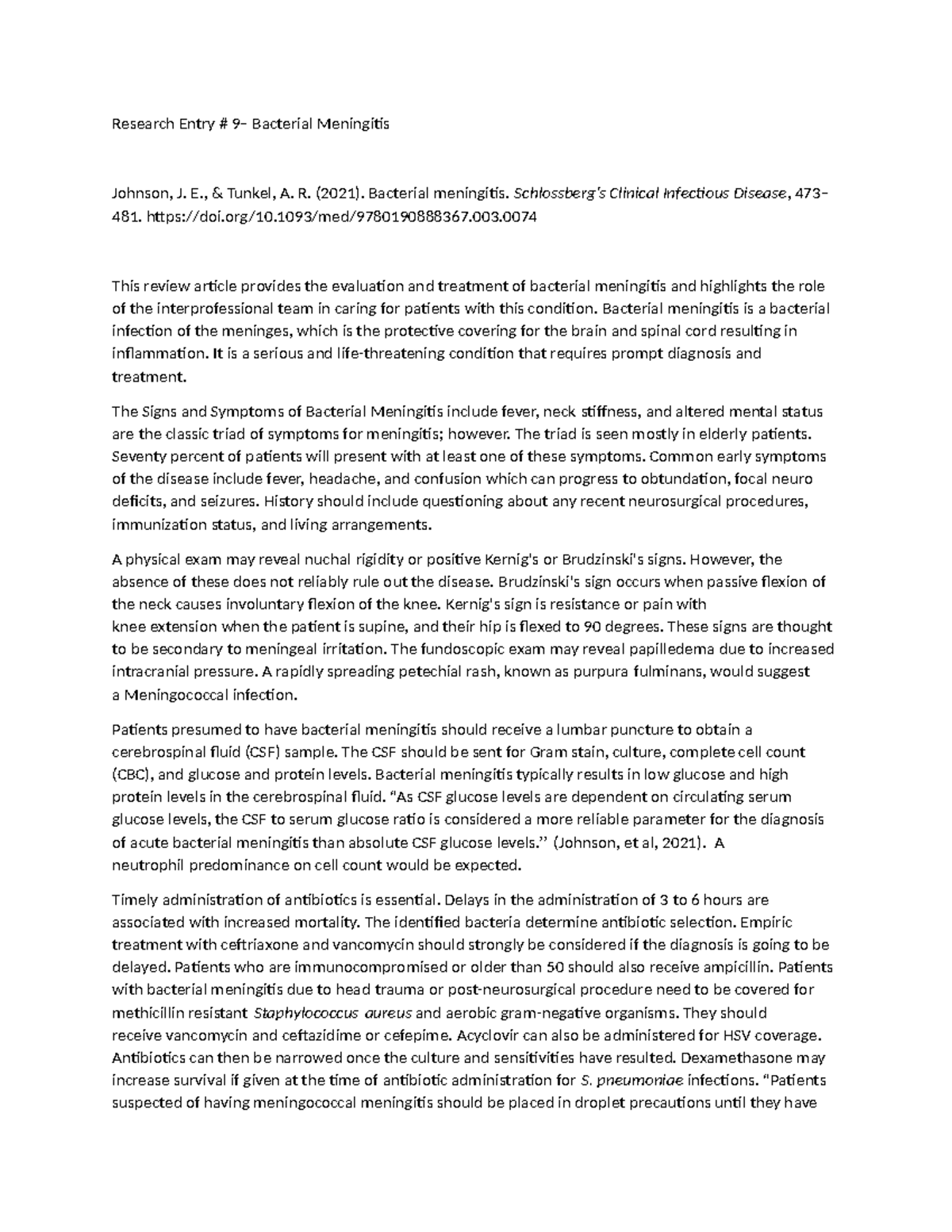 Research paper # 9 Bacteria Meningitis - Research Entry # 9– Bacterial ...